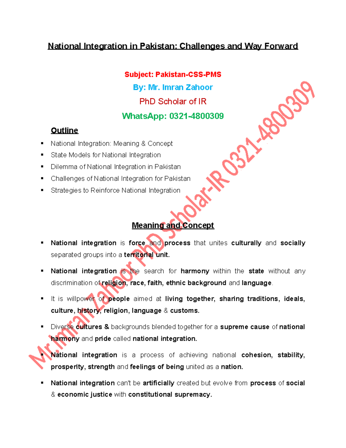 Lecture Notes National Integration - National Integration in Pakistan ...