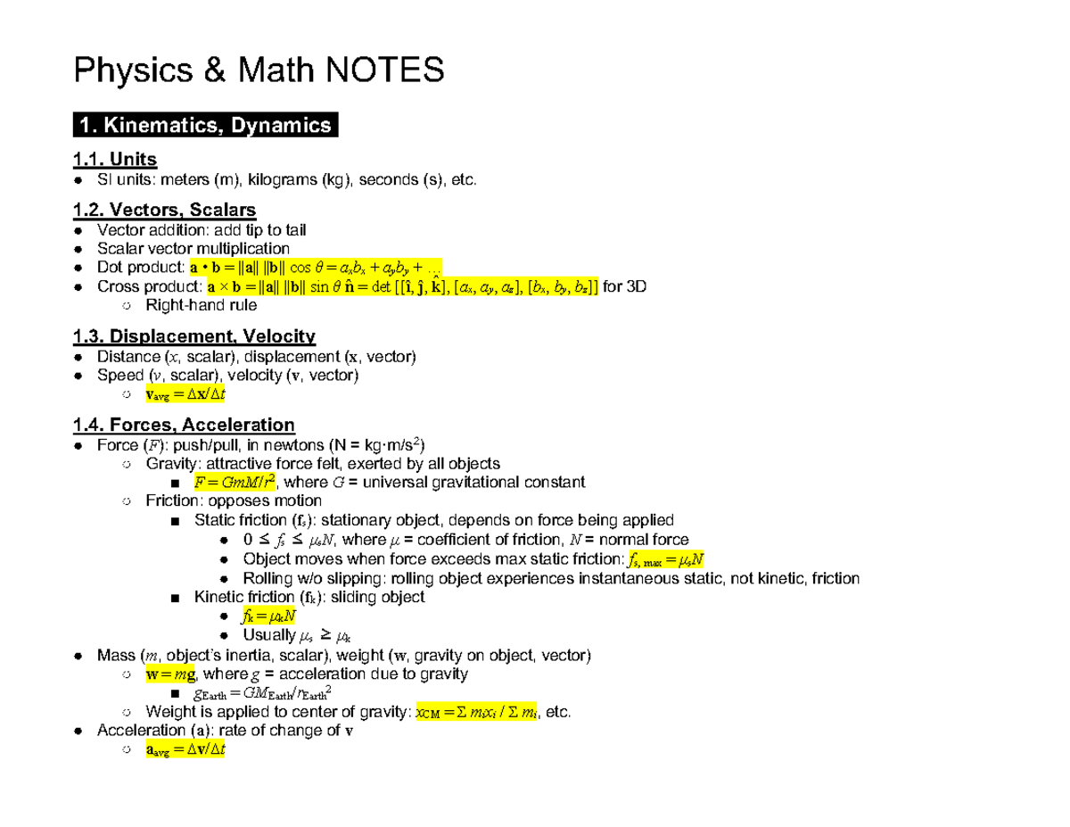 1 Physics Detailed Lecture Notes Physics And Math Notes 1 Kinematics Dynamics 1 Units Si