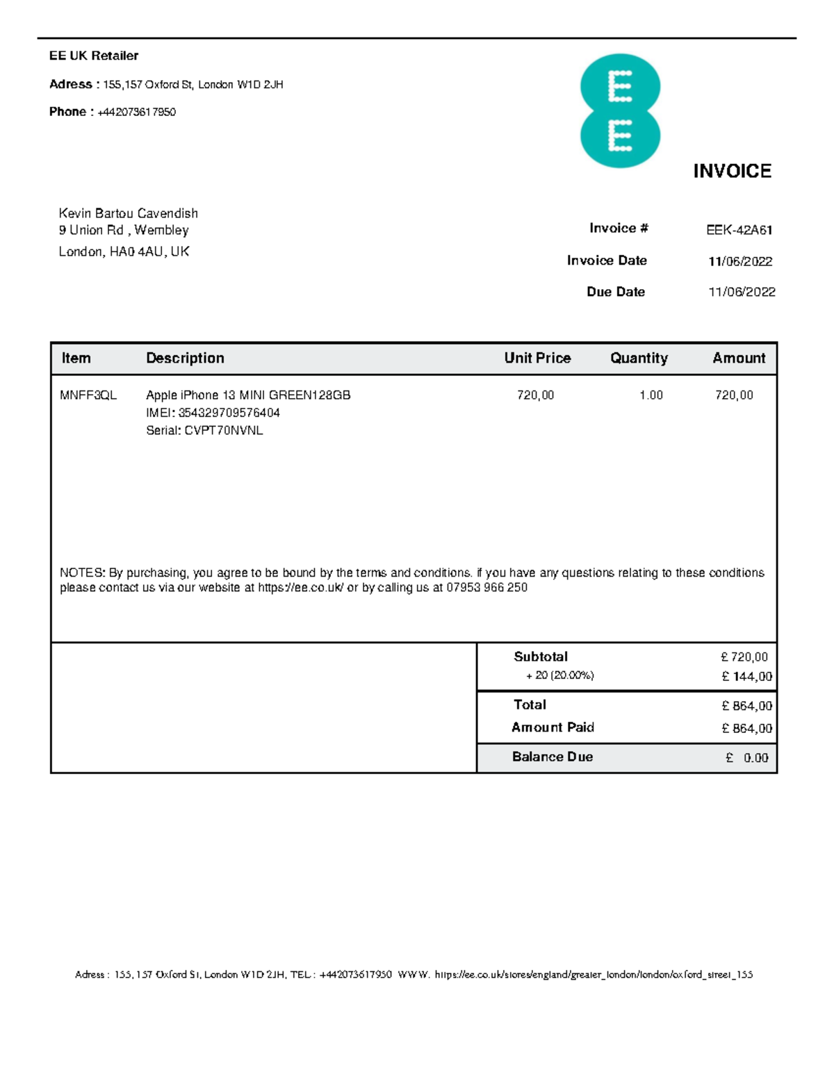 Invoice MY Phone 13 MINI - Kevin Bartou Cavendish 9 Union Rd , Wembley ...