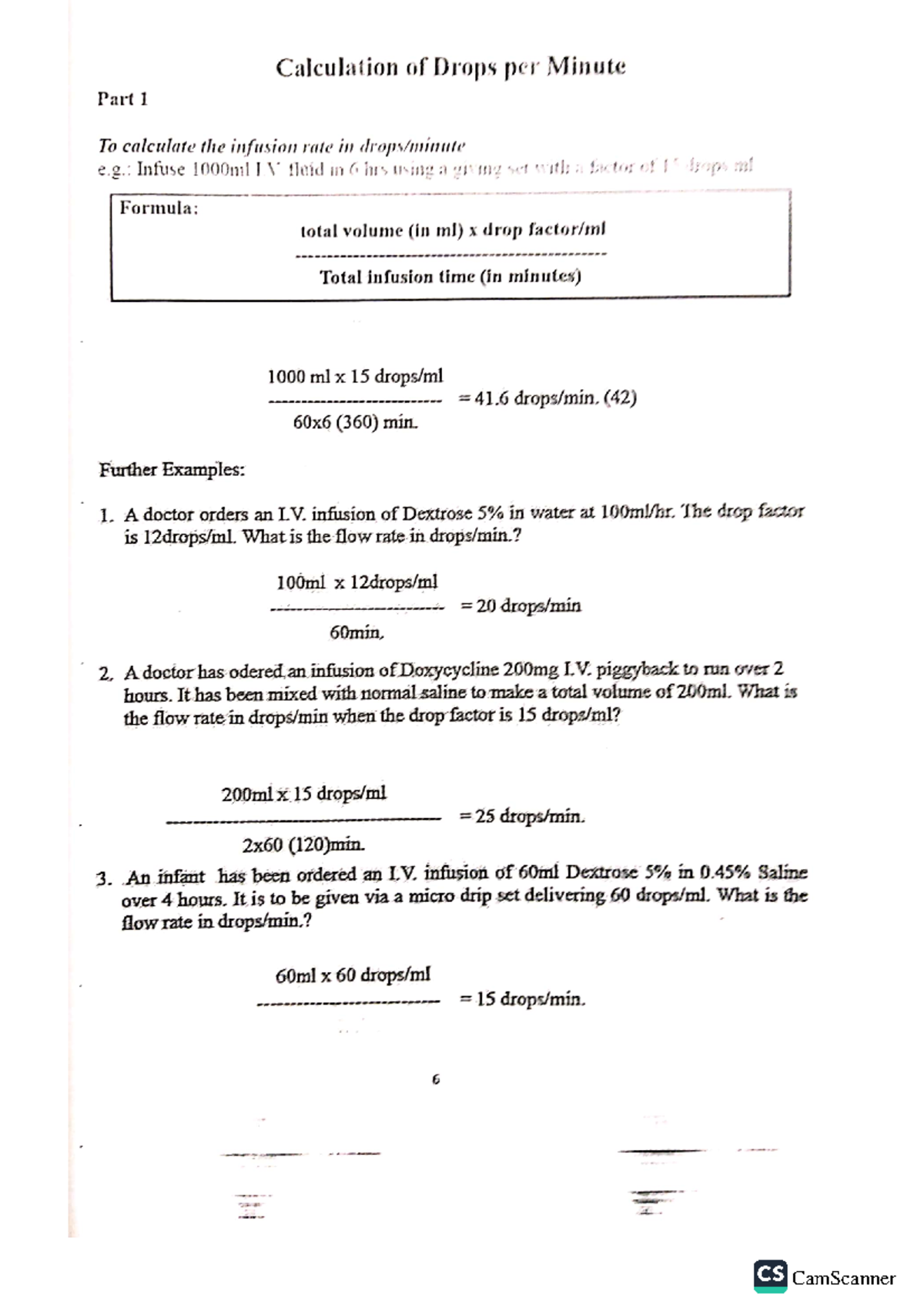 Calculation drops per minute part one - Advance Nursing - CamScanner ...