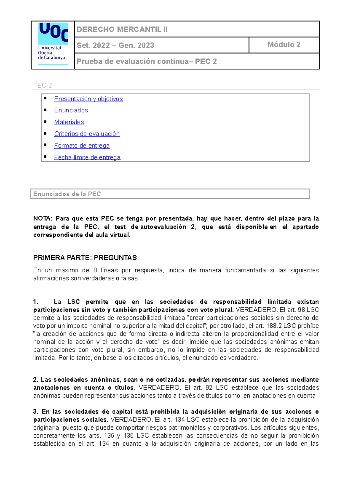MERCANTIL II_PEC2_UOC - Set. 2022 – Gen. 2023 Módulo 2 Prueba de evaluación continua– PEC 2 PEC ...
