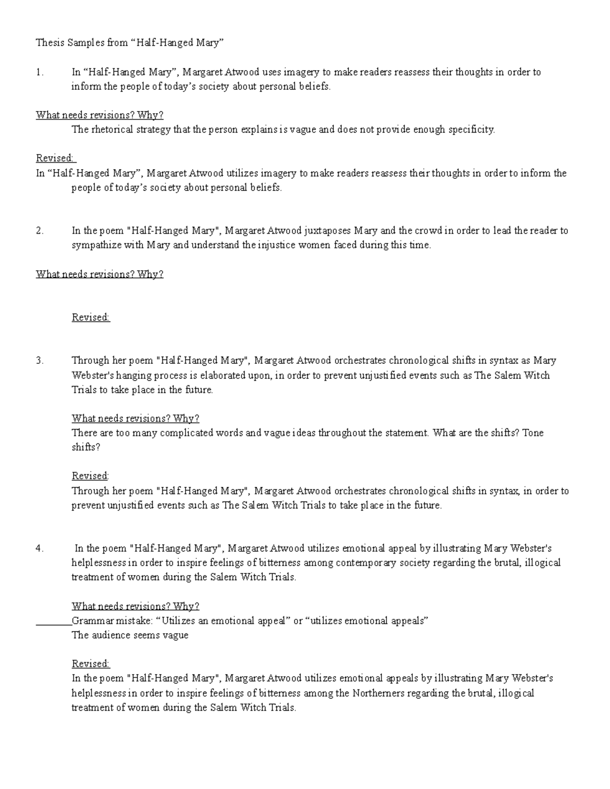 Thesis Samples from “Half-Hanged Mary” - What needs revisions? Why? The ...