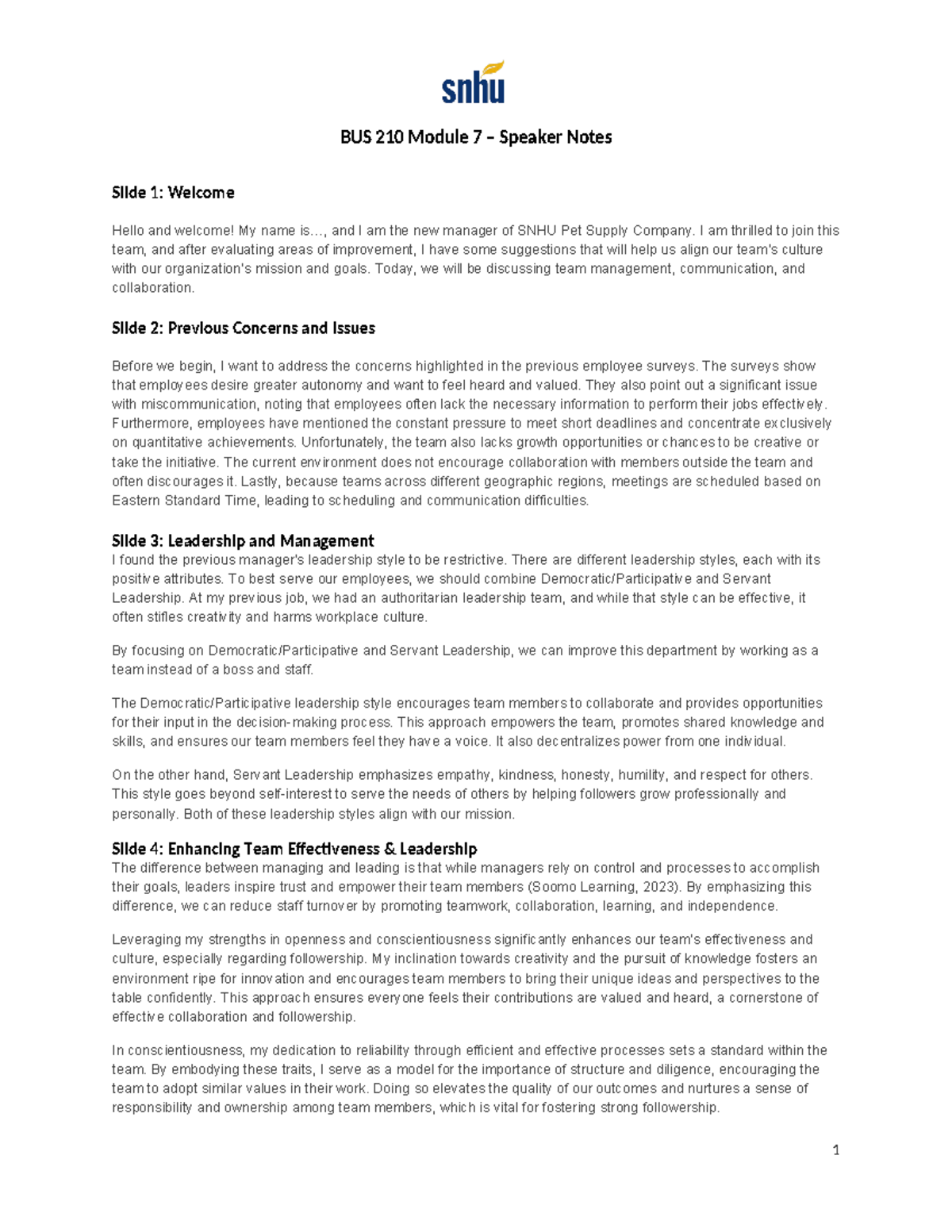BUS 210 Module 7 Organization Evaluation Proposal Speaker Notes - DE ...