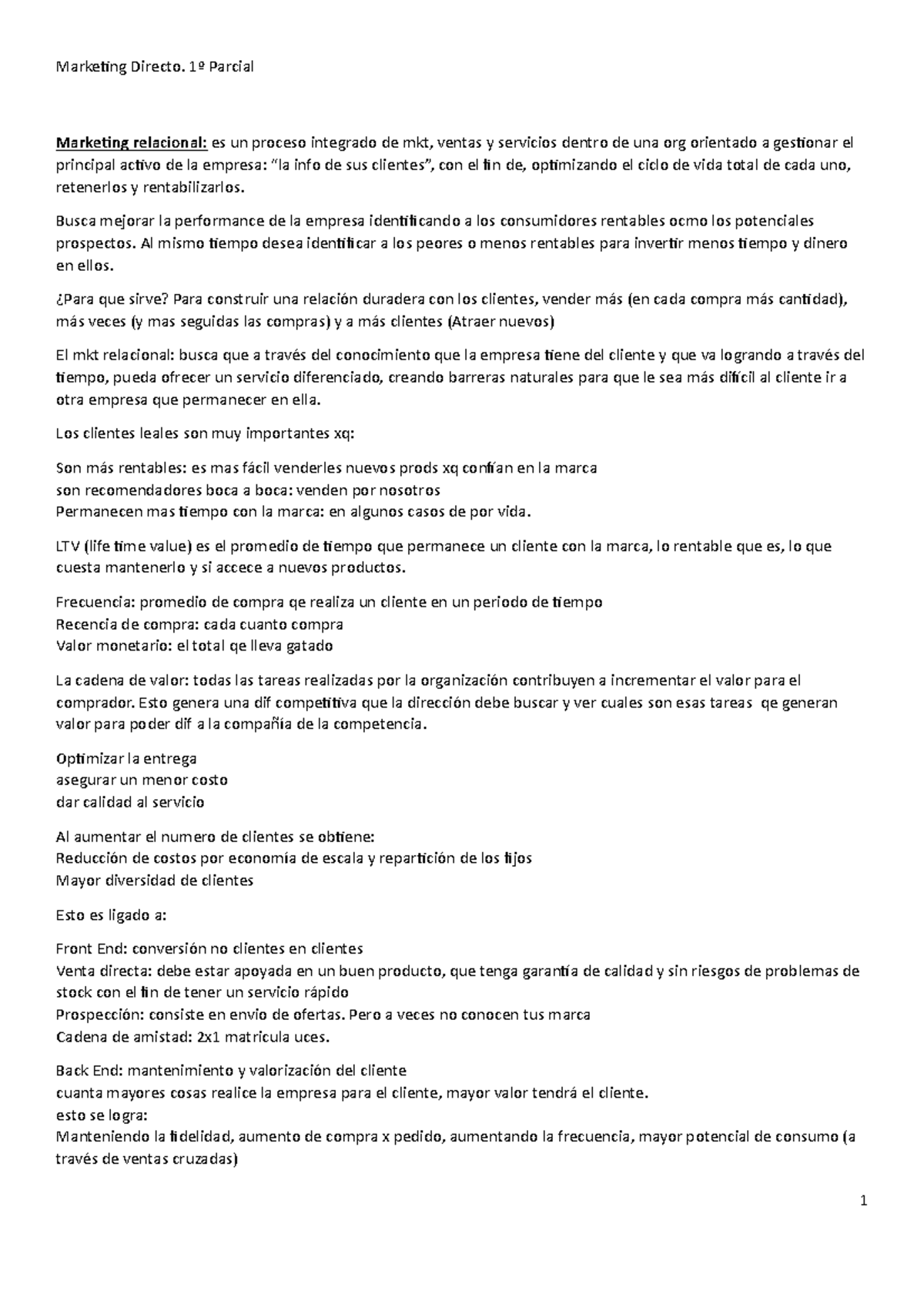 Mkt Directo 1º parcial - Apuntes 5 - Marketing relacional: es un ...
