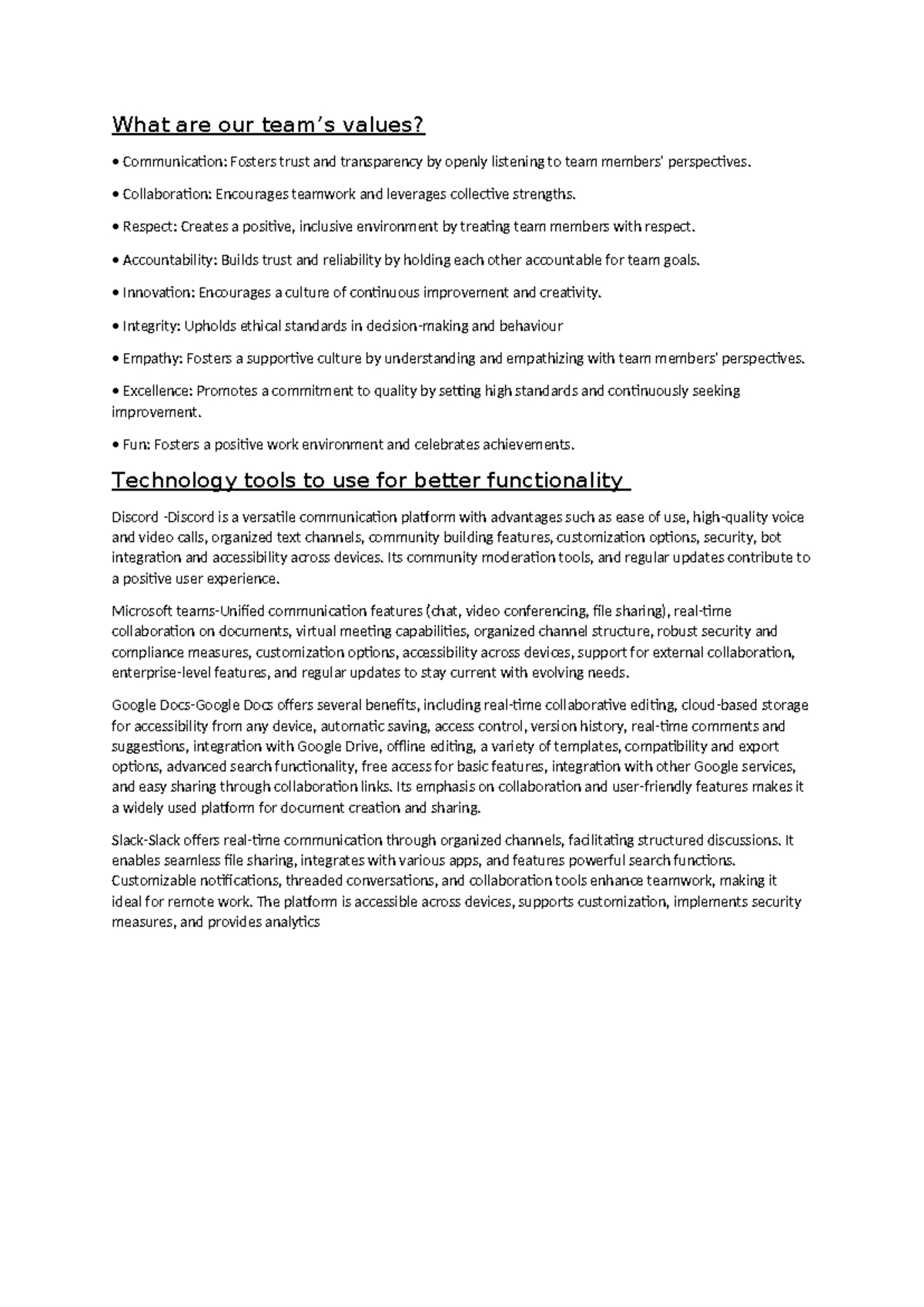 Team values - What are our team’s values? • Communication: Fosters ...