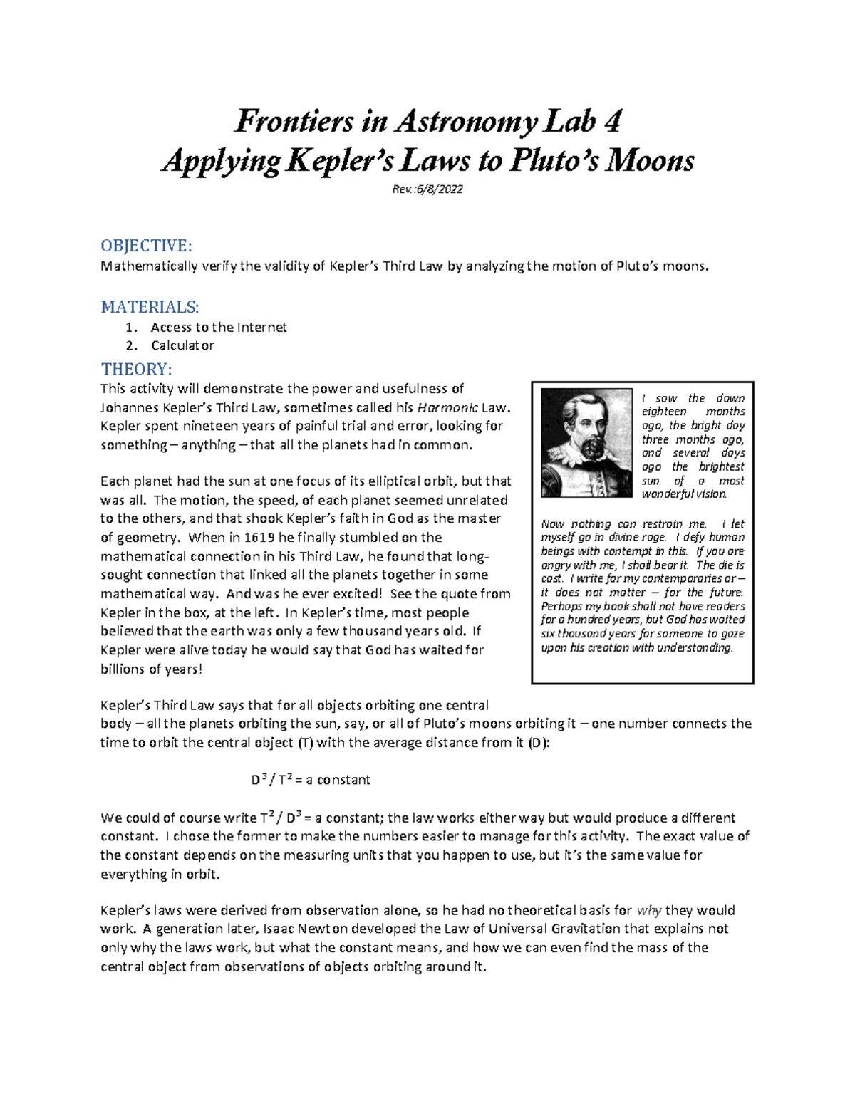 Lab 4 Intersections - Frontiers in Astronomy Lab 4 Applying Kepler’s ...