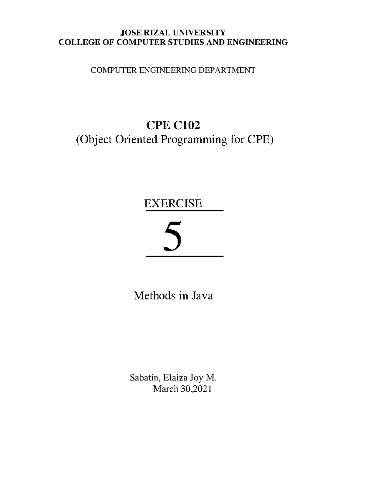 Lab Exp 5 Methods In Java Jose Rizal University College Of Computer