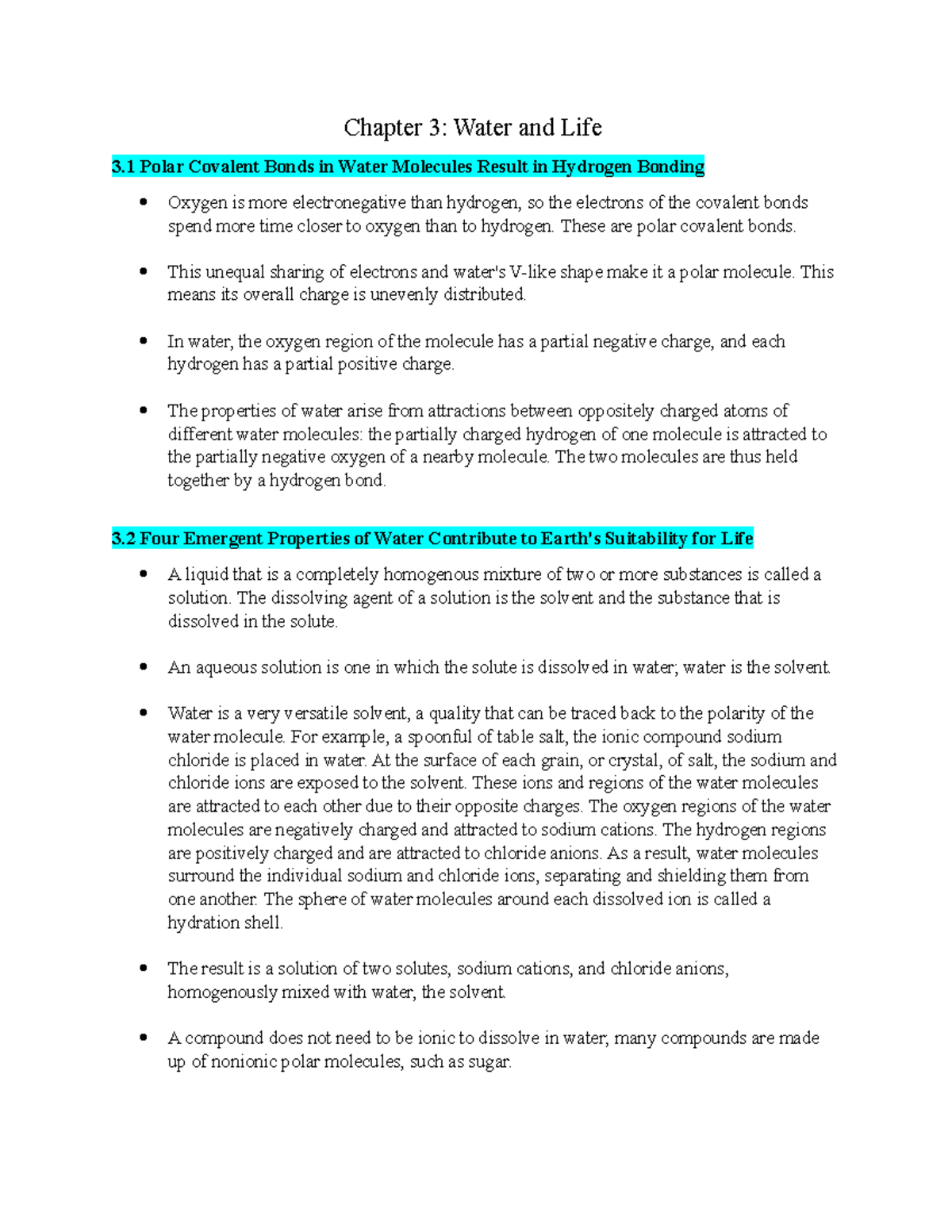 Chapter 3 Bio Notes - Chapter 3: Water and Life 3 Polar Covalent Bonds ...
