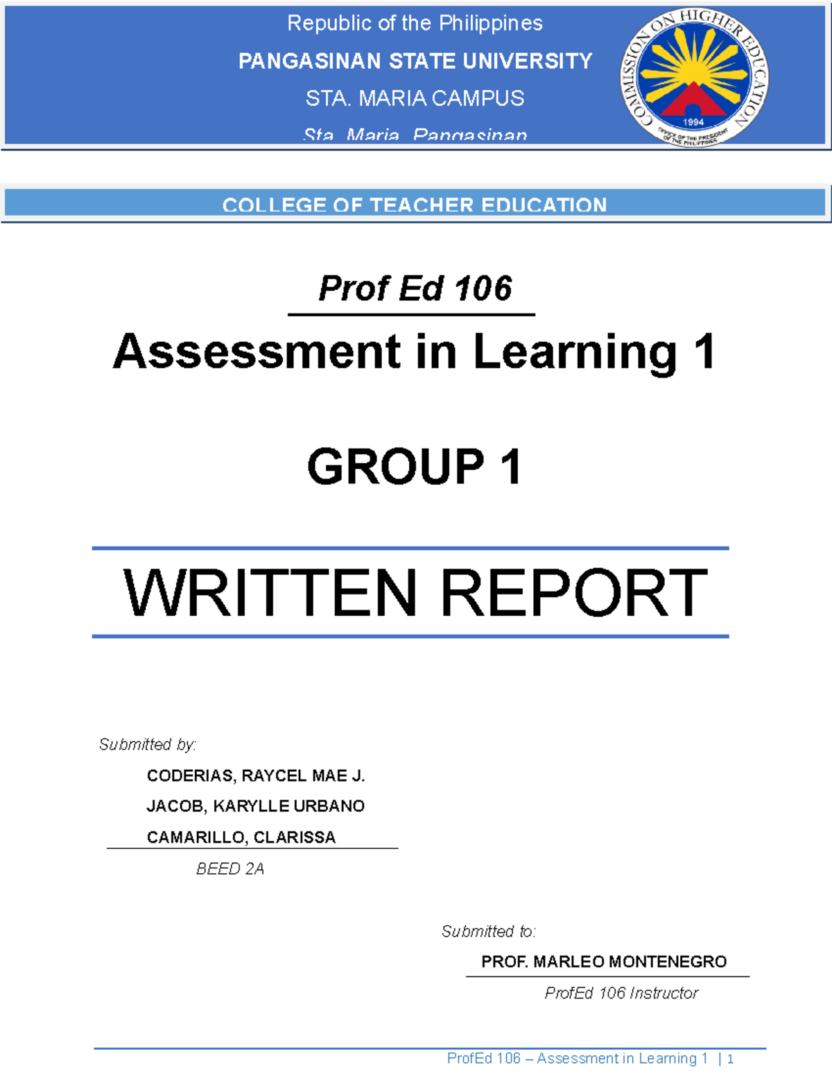 Profed-106- Written- Report - Prof Ed 106 Assessment in Learning 1 ...