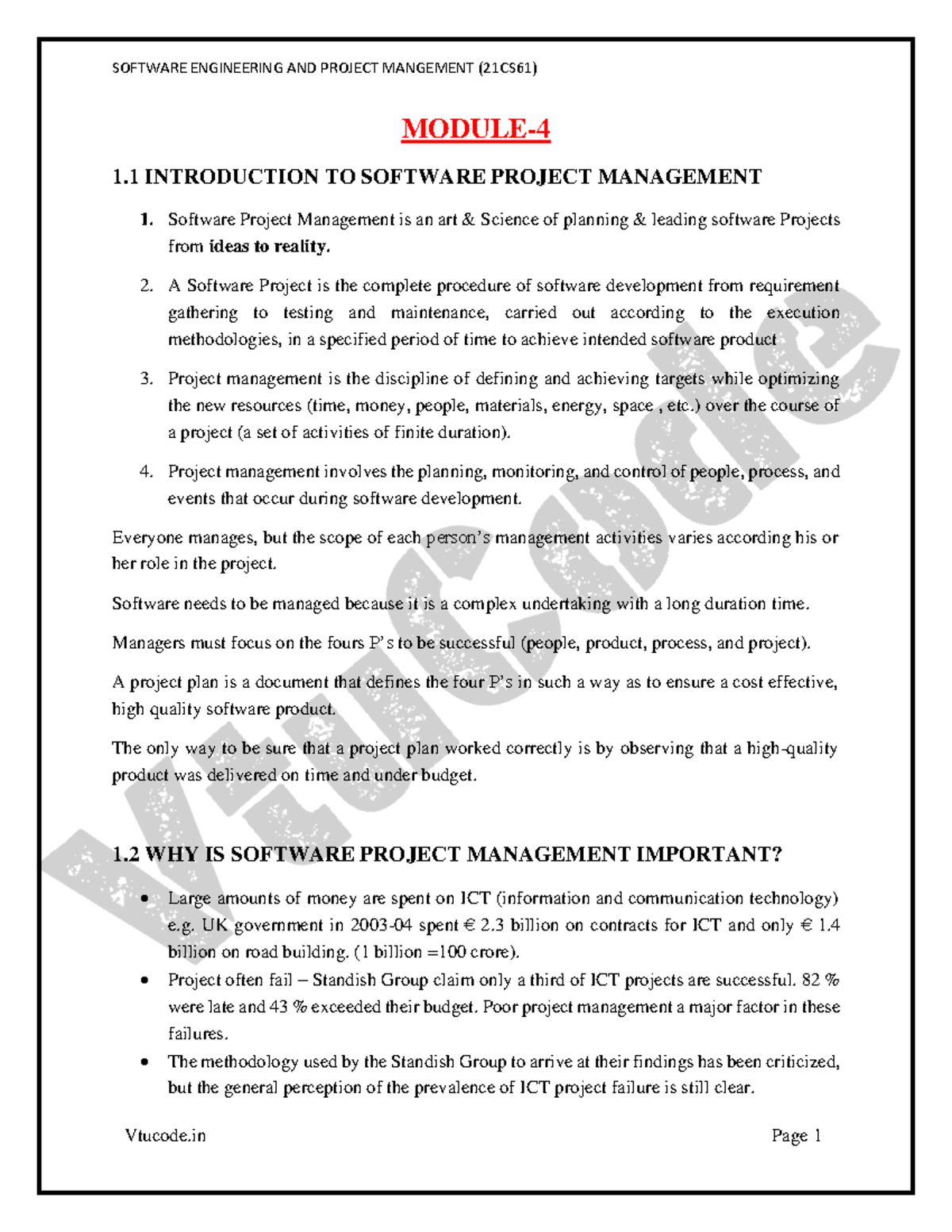 @vtucode - 10jshdjdne - MODULE- 4 1 INTRODUCTION TO SOFTWARE PROJECT MANAGEMENT Software Project ...