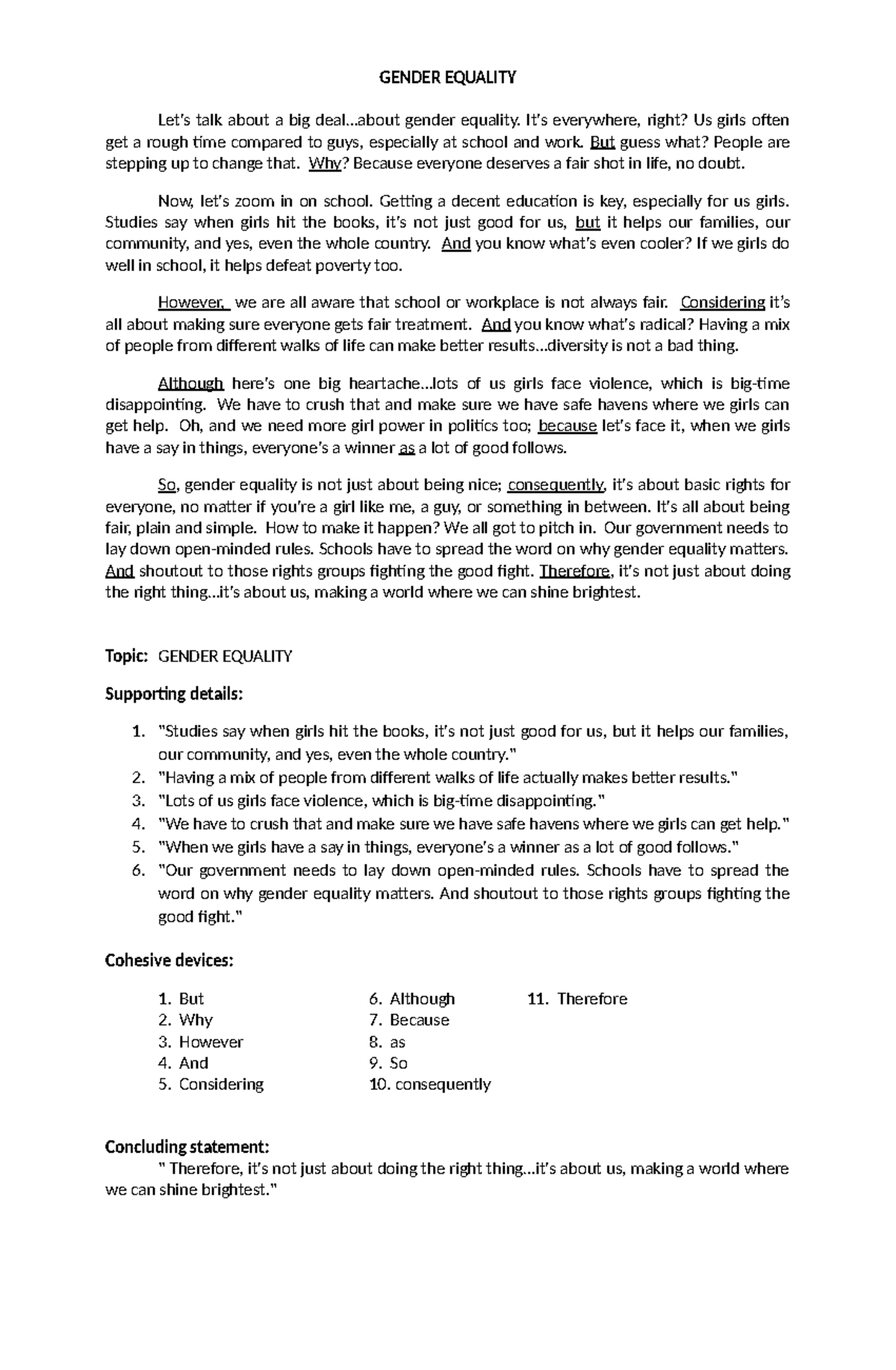 Gender Equality PETA1 - GENDER EQUALITY Let's talk about a big deal ...