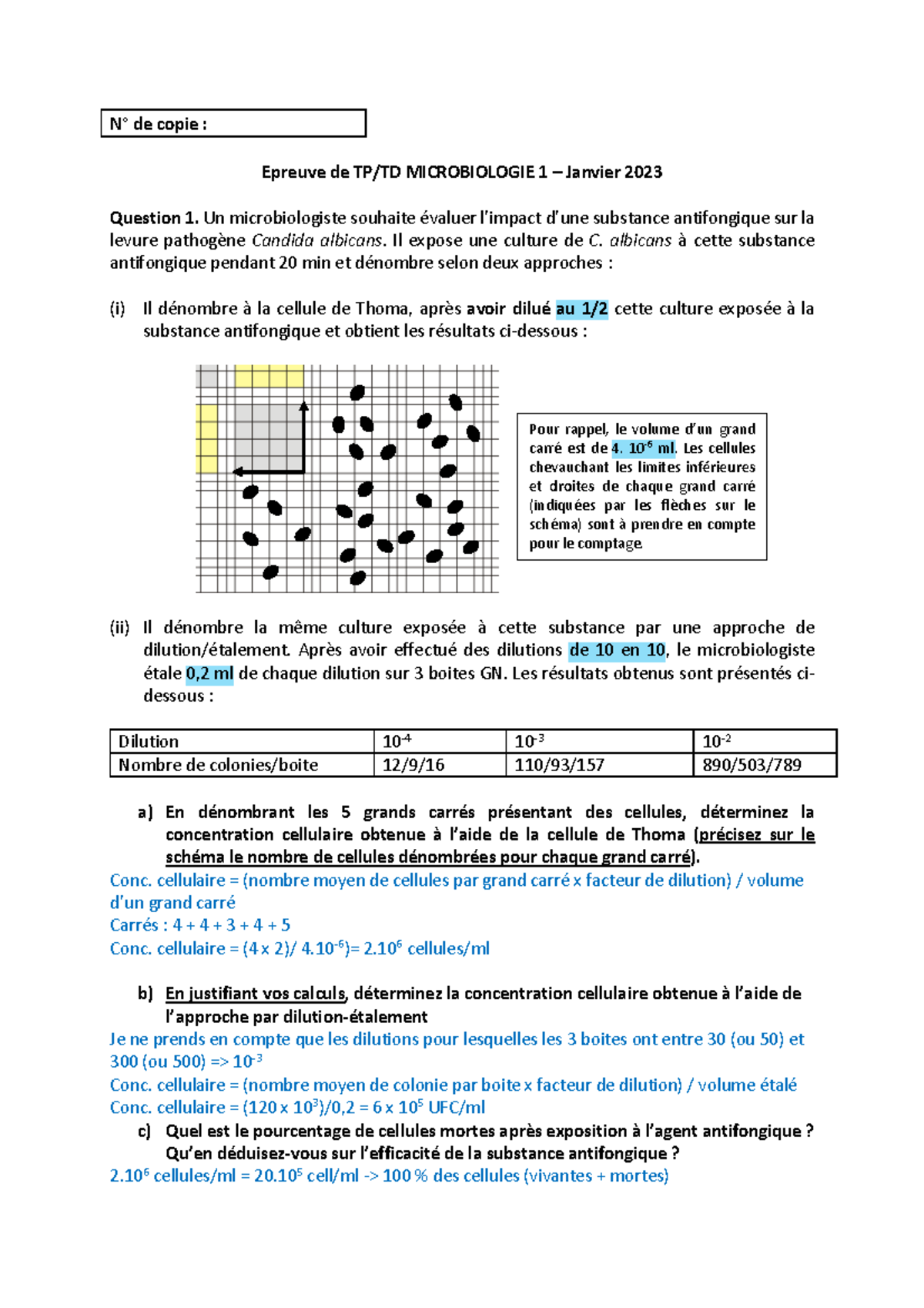 Microbio - AN - TPTD - Sujet 1 COR - N° de copie : Epreuve de TP/TD MICROBIOLOGIE 1 – Janvier ...
