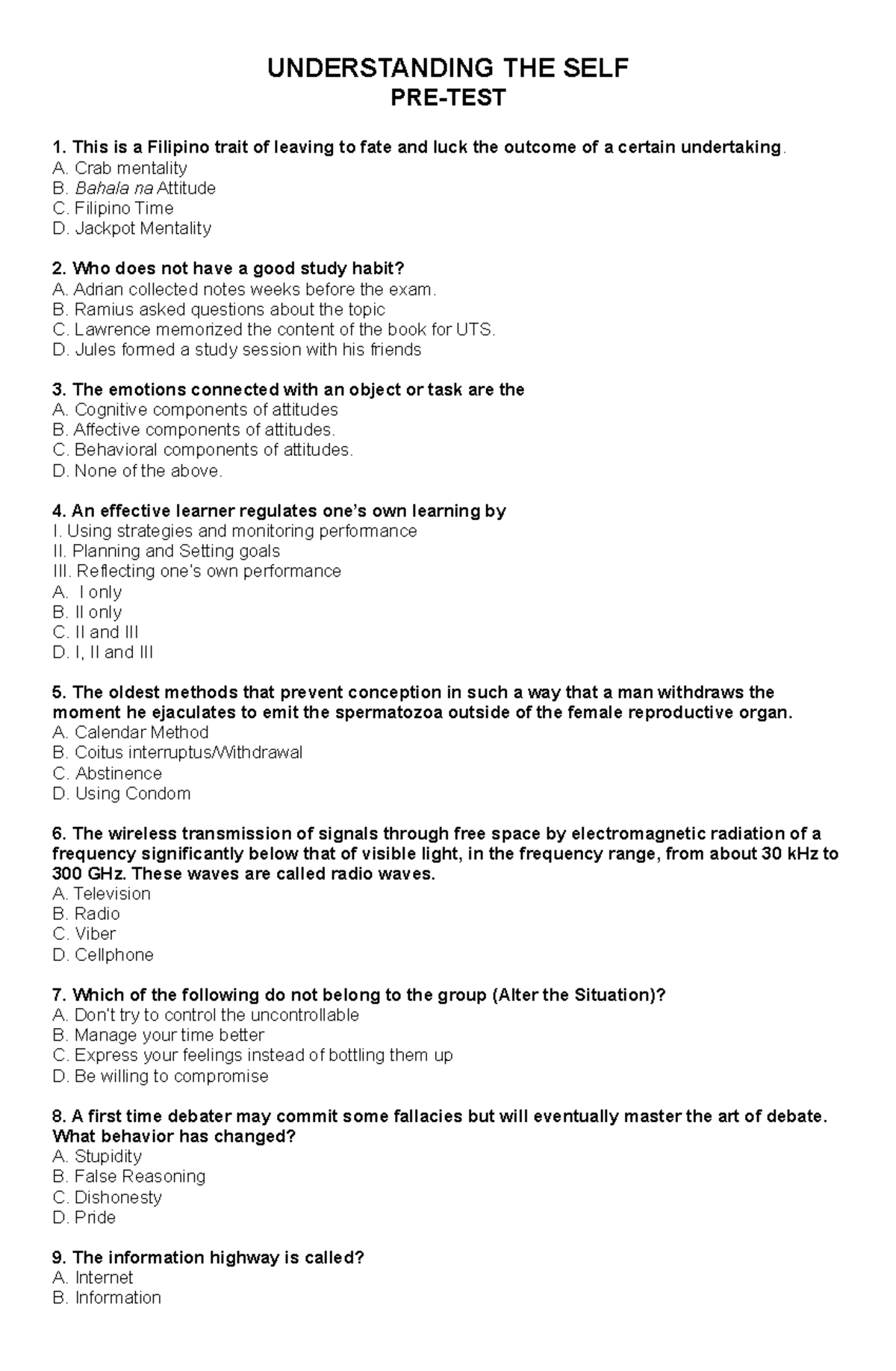 Understanding the Self Pre Test - UNDERSTANDING THE SELF PRE-TEST This ...