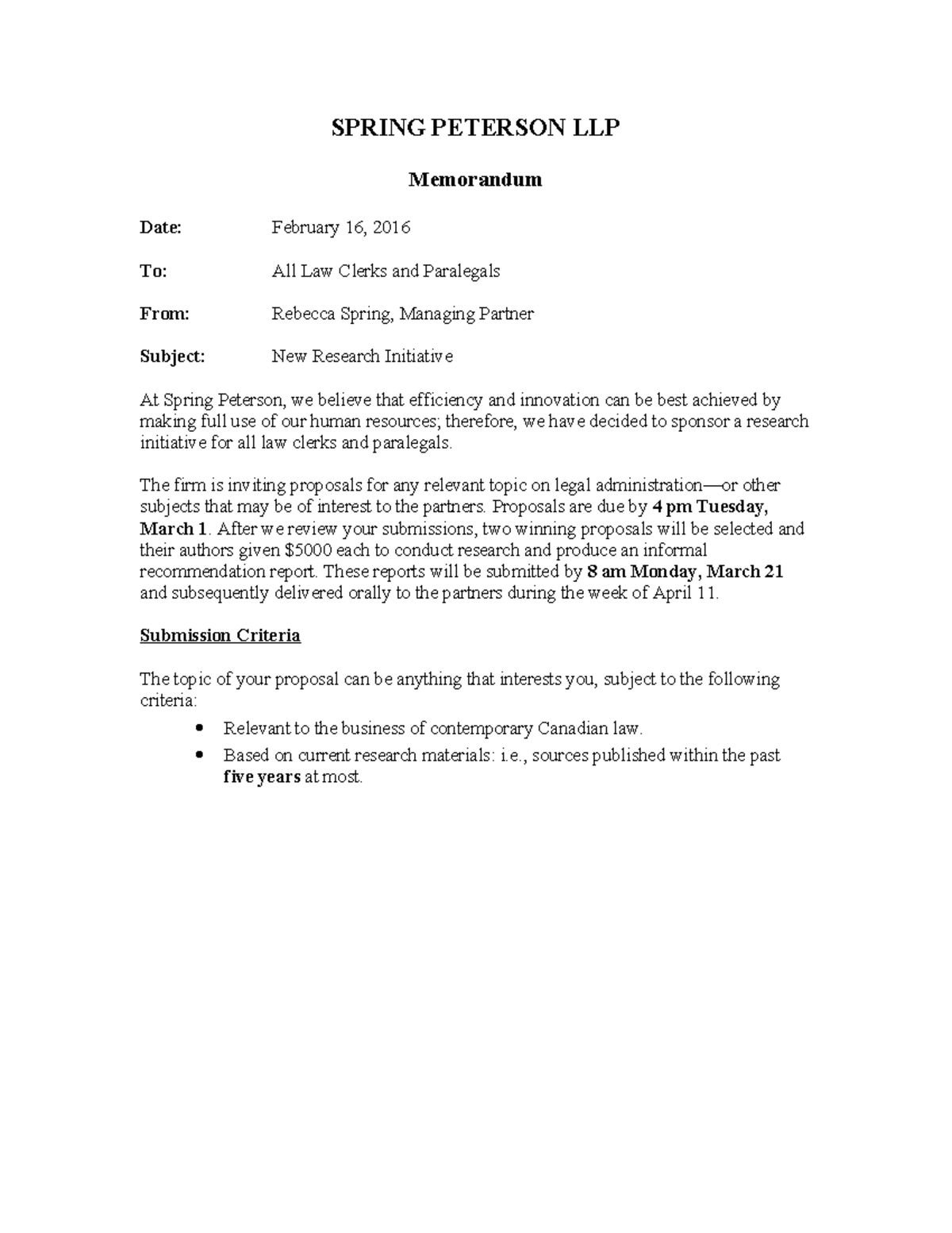 Sample Memo - Simple - SPRING PETERSON LLP Memorandum Date: February 16 ...