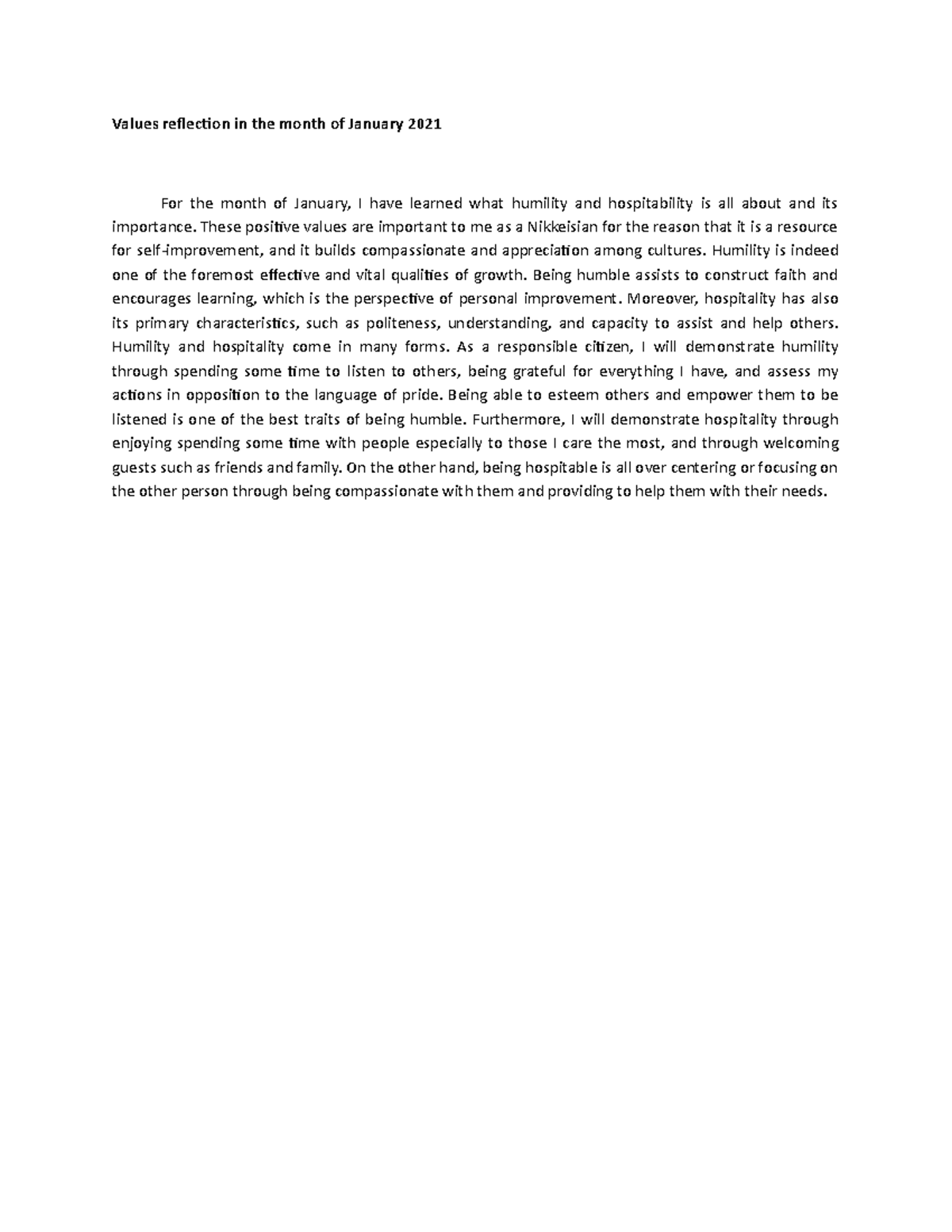 January 2021 reflection - Values reflection in the month of January ...