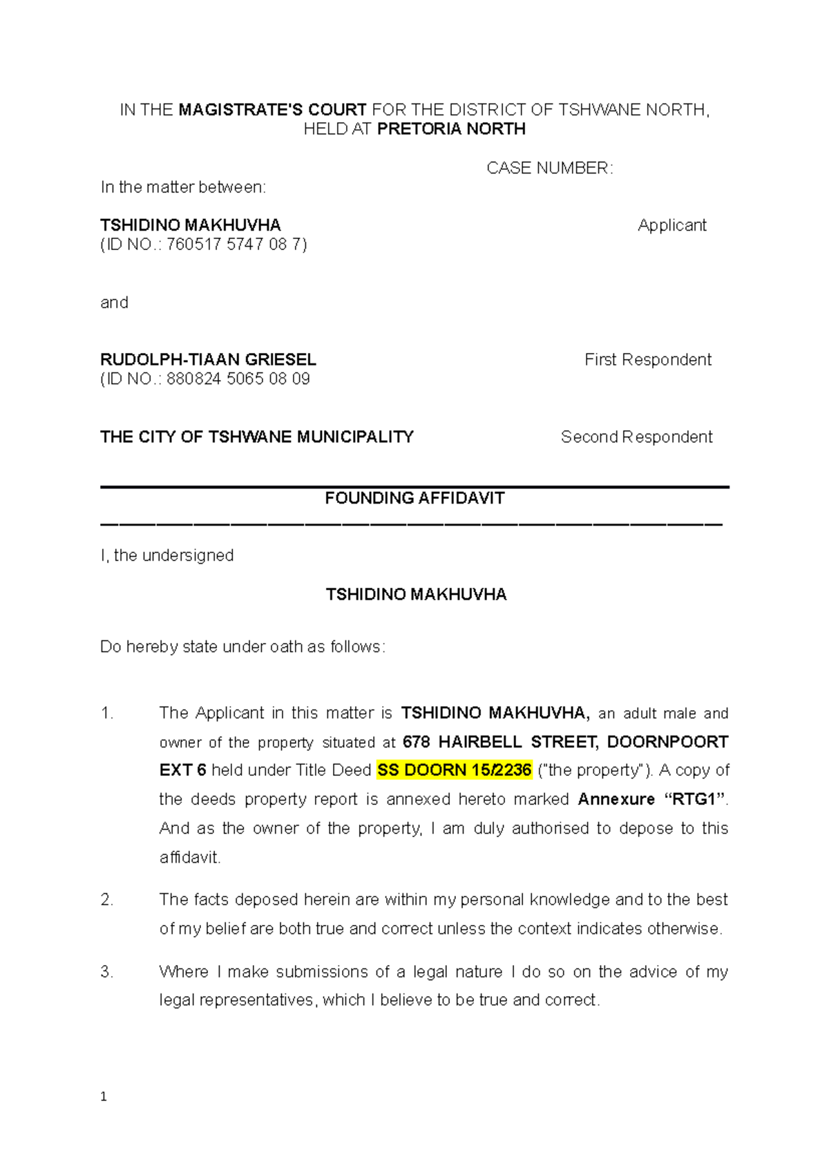MAK1.001 FA (main application) - IN THE MAGISTRATE'S COURT FOR THE ...
