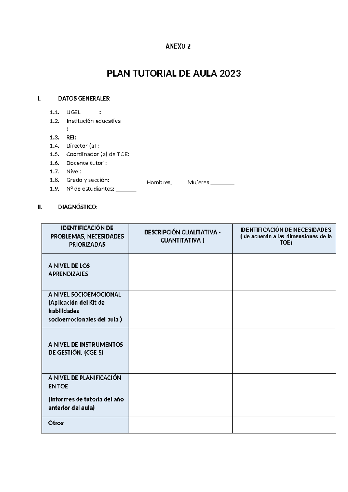 Anexo 2 - plan tutorial de aula - 2023 - ANEXO 2 PLAN TUTORIAL DE AULA 2023 I. DATOS GENERALES ...