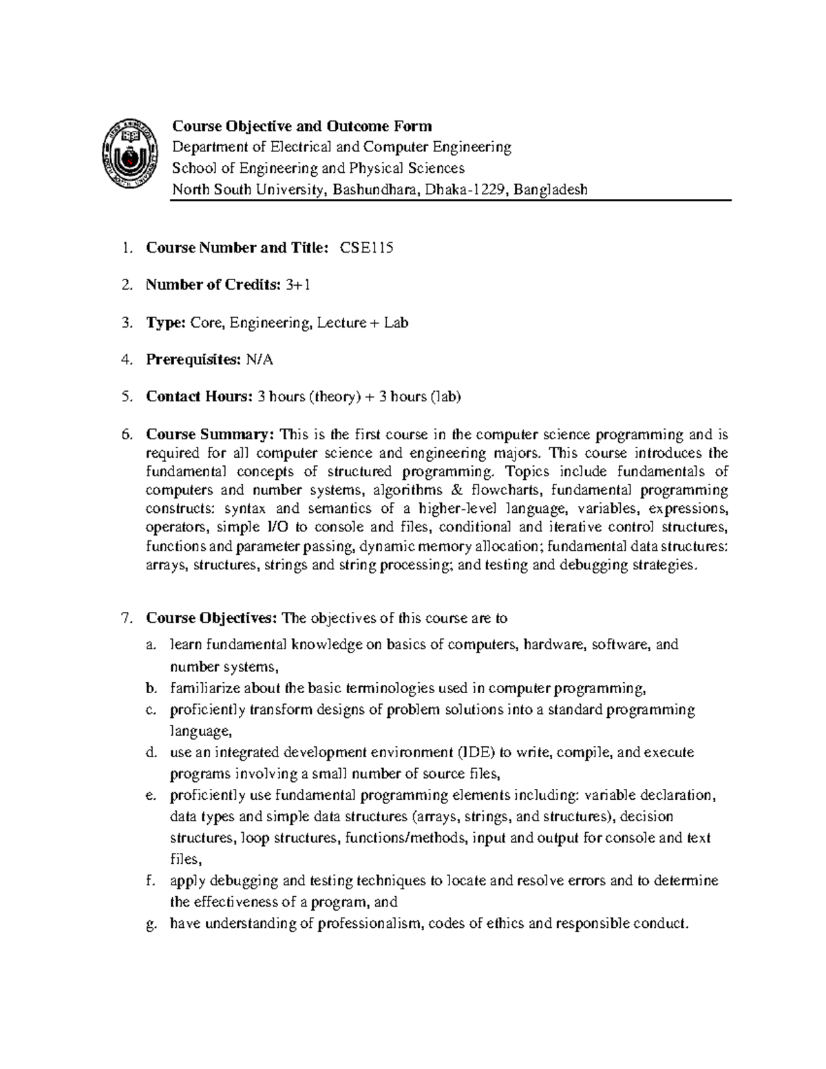 CSE115 - Course Objective and Outcome Form Department of Electrical and ...