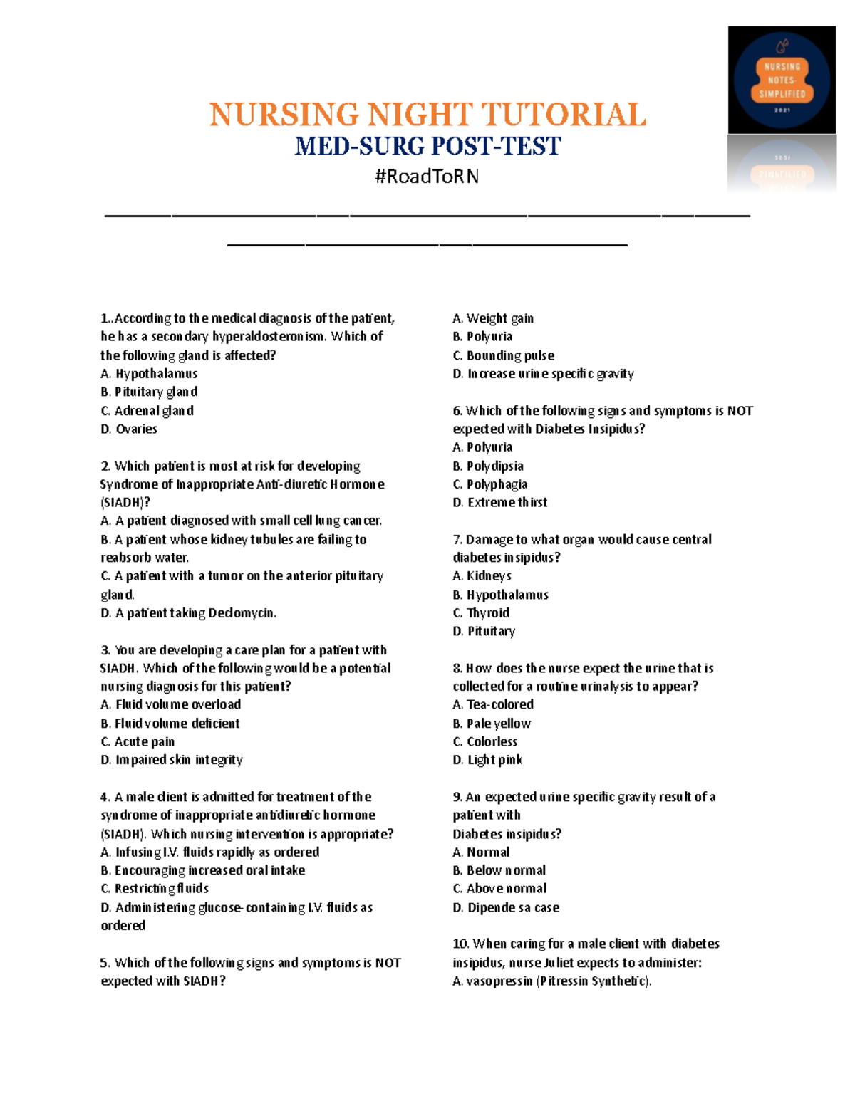 NNS Nursing Night Tutorial - NURSING NIGHT TUTORIAL MED-SURG POST-TEST ...