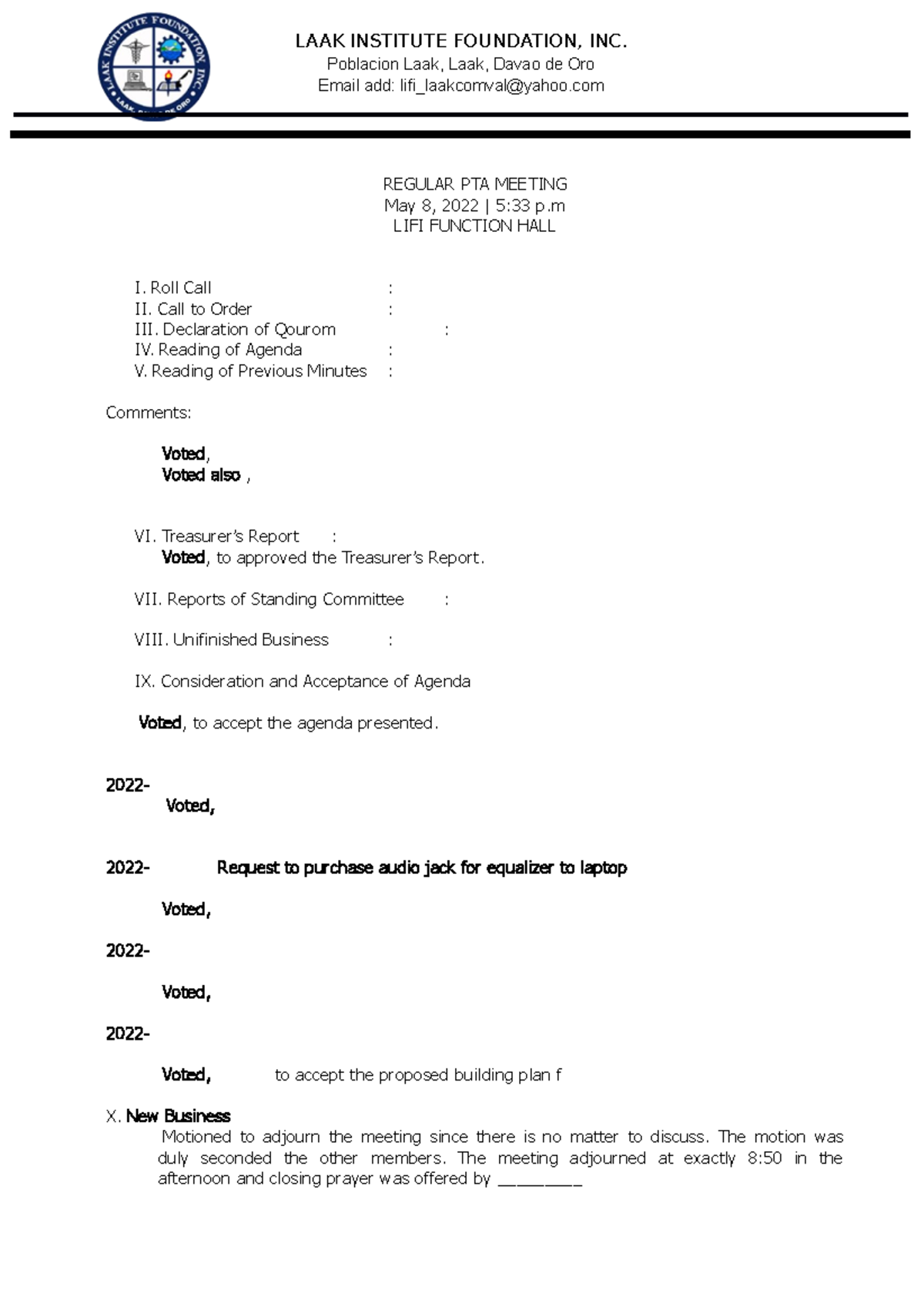 Sample-minutes-format - REGULAR PTA MEETING May 8, 2022 | 5:33 p LIFI ...