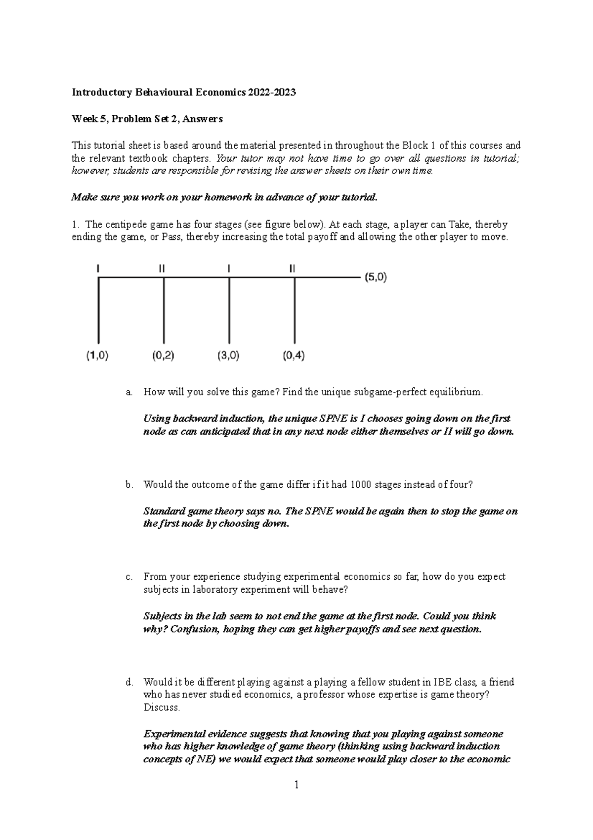 Problem Set 2 - Tutorial 4 - Week 5 Answers - Introductory Behavioural ...