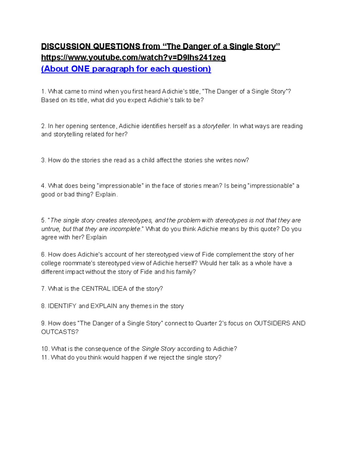 Discussion Questions from The Single Story - DISCUSSION QUESTIONS from ...