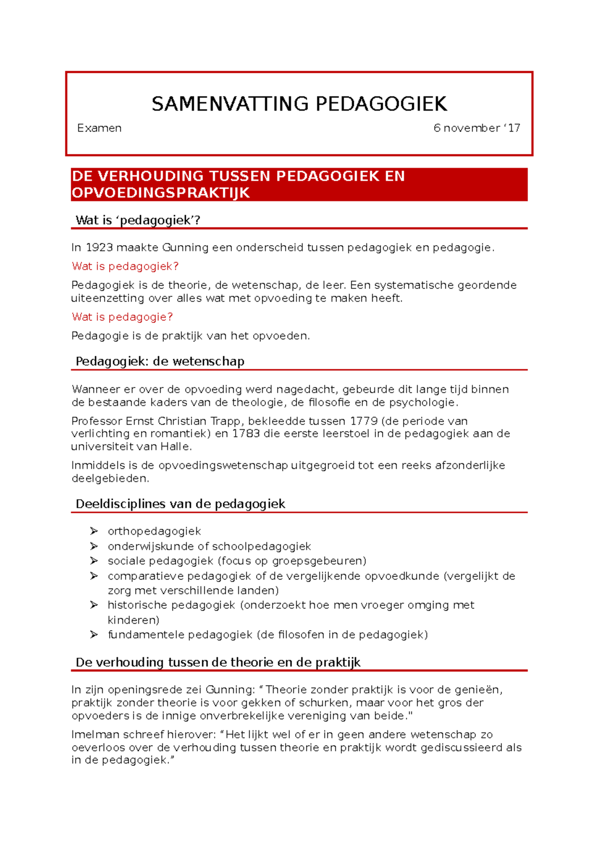Samenvatting-Examen-pedagogiek 1ste jaat ortho - SAMENVATTING PEDAGOGIEK Examen 6 november DE ...