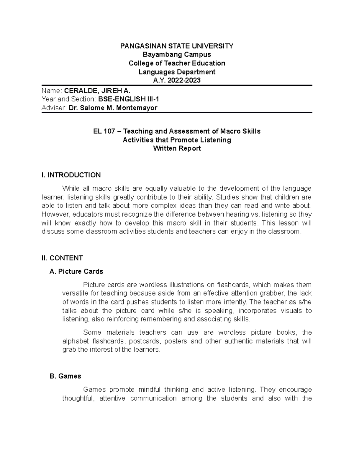 TAMS Written Report - Activities that promote listening - PANGASINAN ...