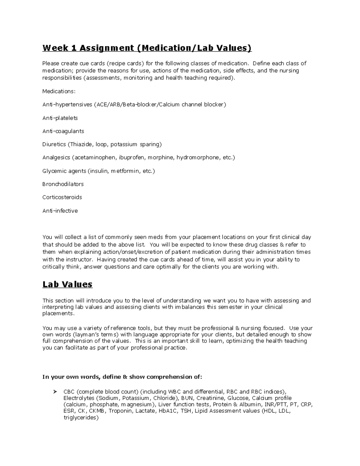 Medication Lab values assignment - Week 1 Assignment (Medication/Lab ...