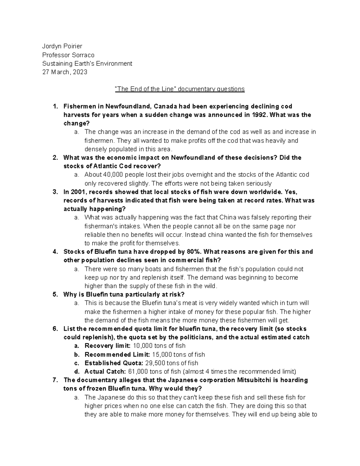 Poirier The End of the Line Documentary questions - Jordyn Poirier ...