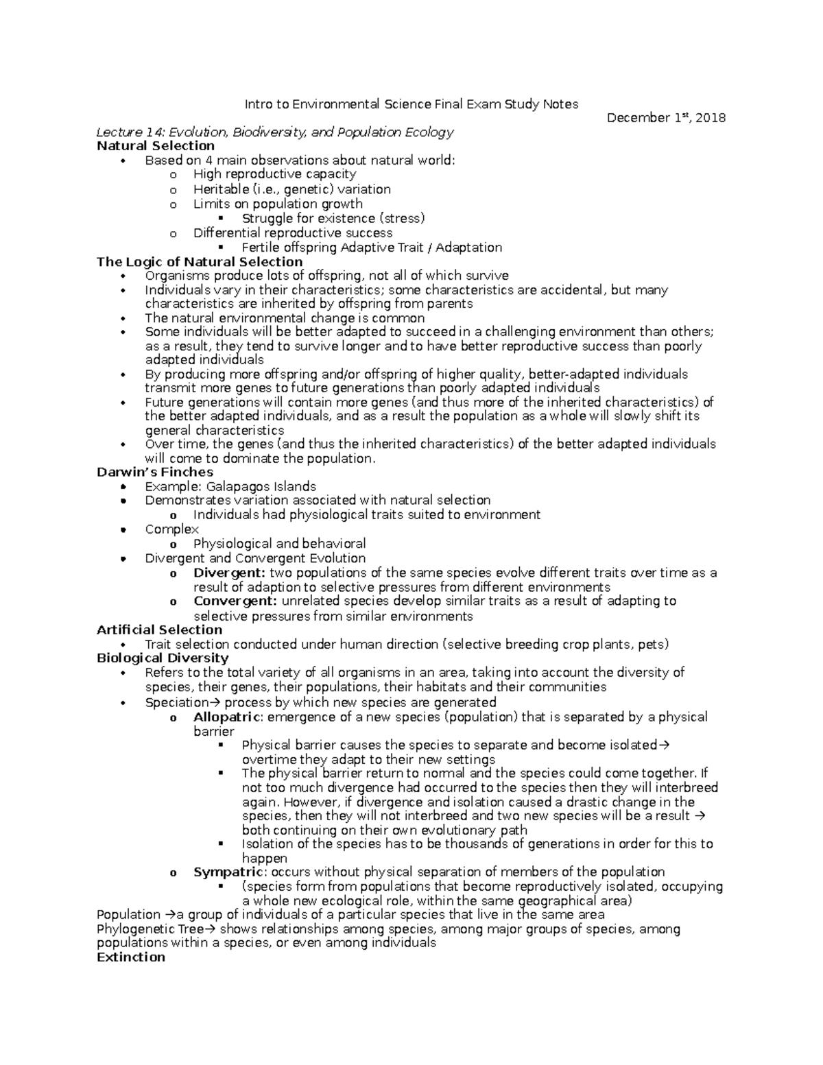 Intro to Environmental Science Final Exam Study Notes - , genetic ...
