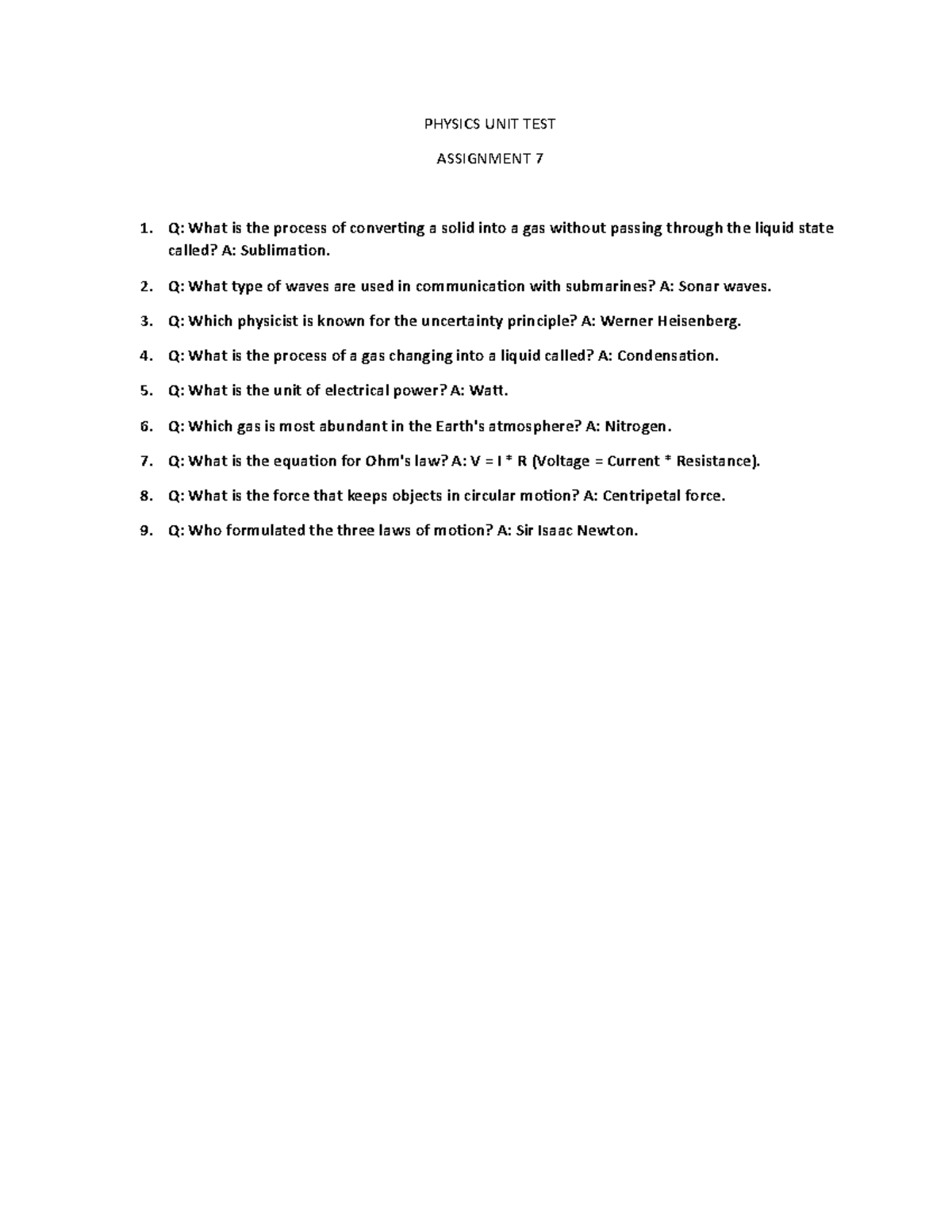 Physics UNIT TEST 7 - unit test - Studocu
