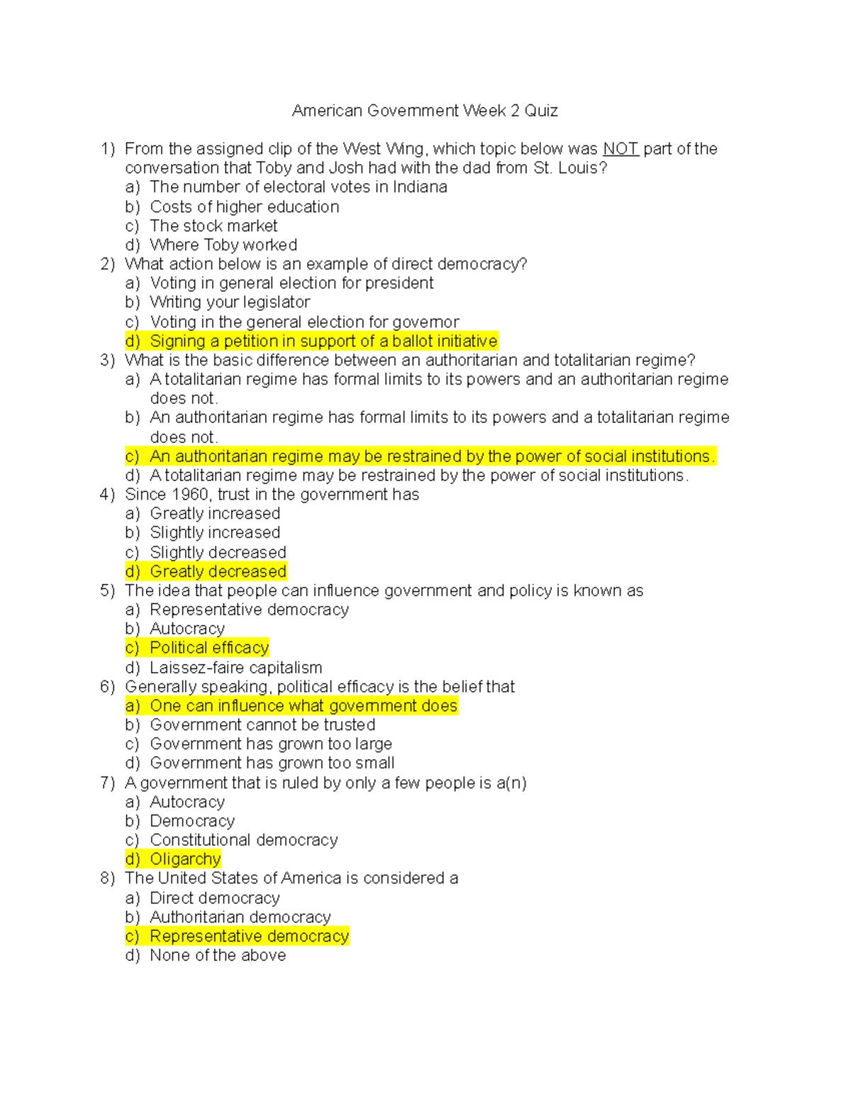 Gov't Week 2 Quiz - American Government Week 2 Quiz 1) From the ...