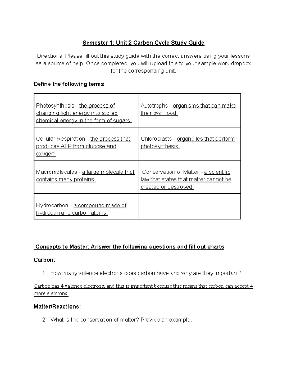 Honors Bio- Carbon Cycle Study Guide - Semester 1: Unit 2 Carbon Cycle ...