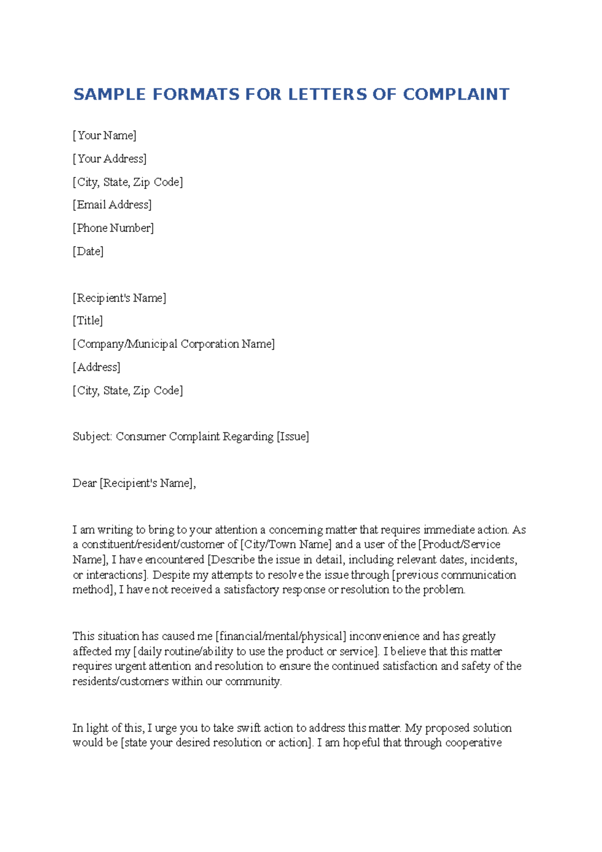 Consumer Complaint - Hfbnejekekkr - SAMPLE FORMATS FOR LETTERS OF ...