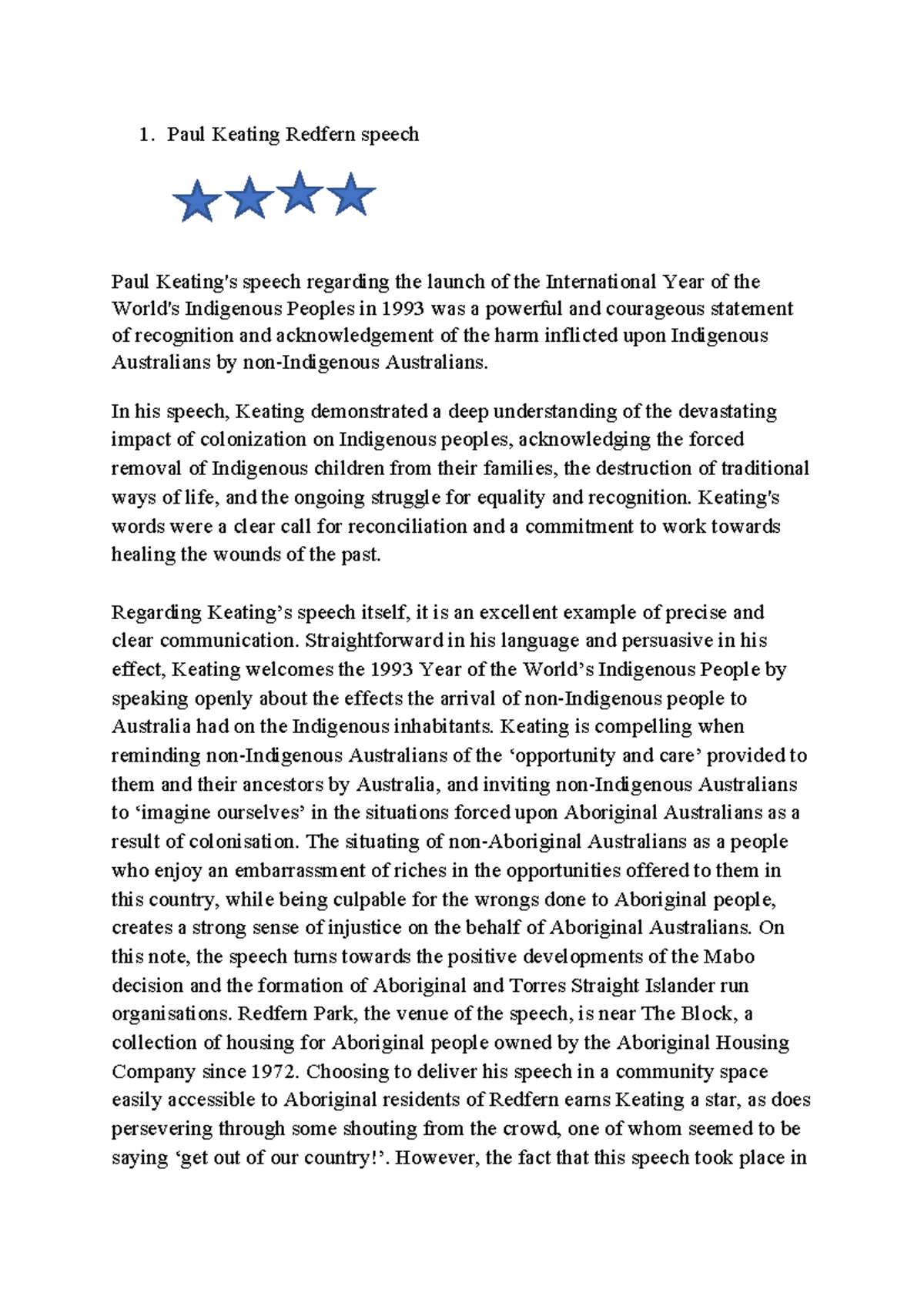 Film review speech - Paul Keating Redfern speech Paul Keating's speech ...