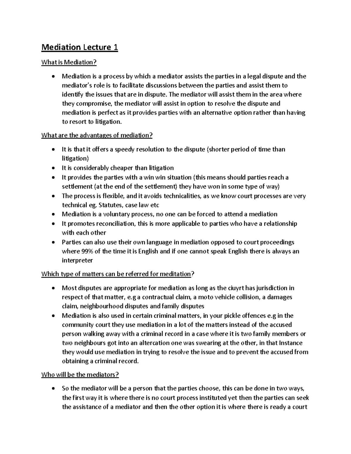 Mediation All 3 lectures Preparing for legal Practice Notes - Mediation ...