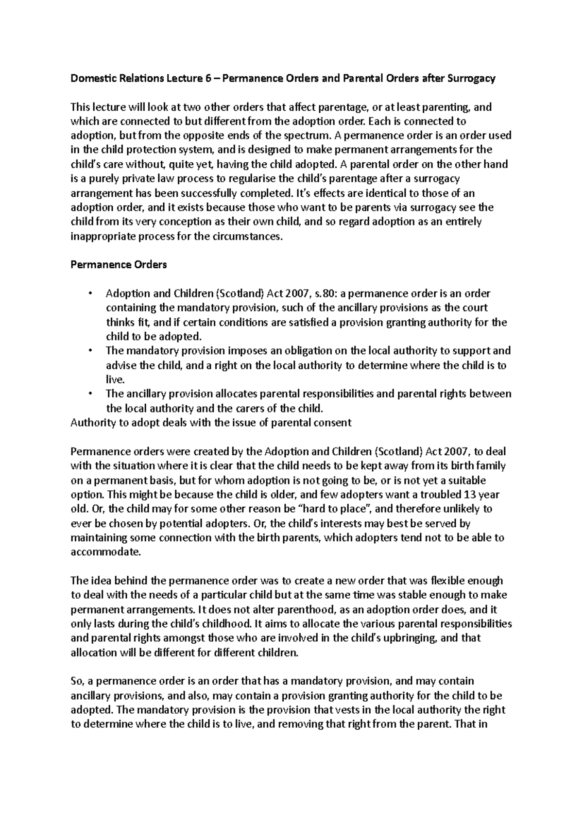 Lecture 6 - Domestic Relations Lecture 6 – Permanence Orders and ...