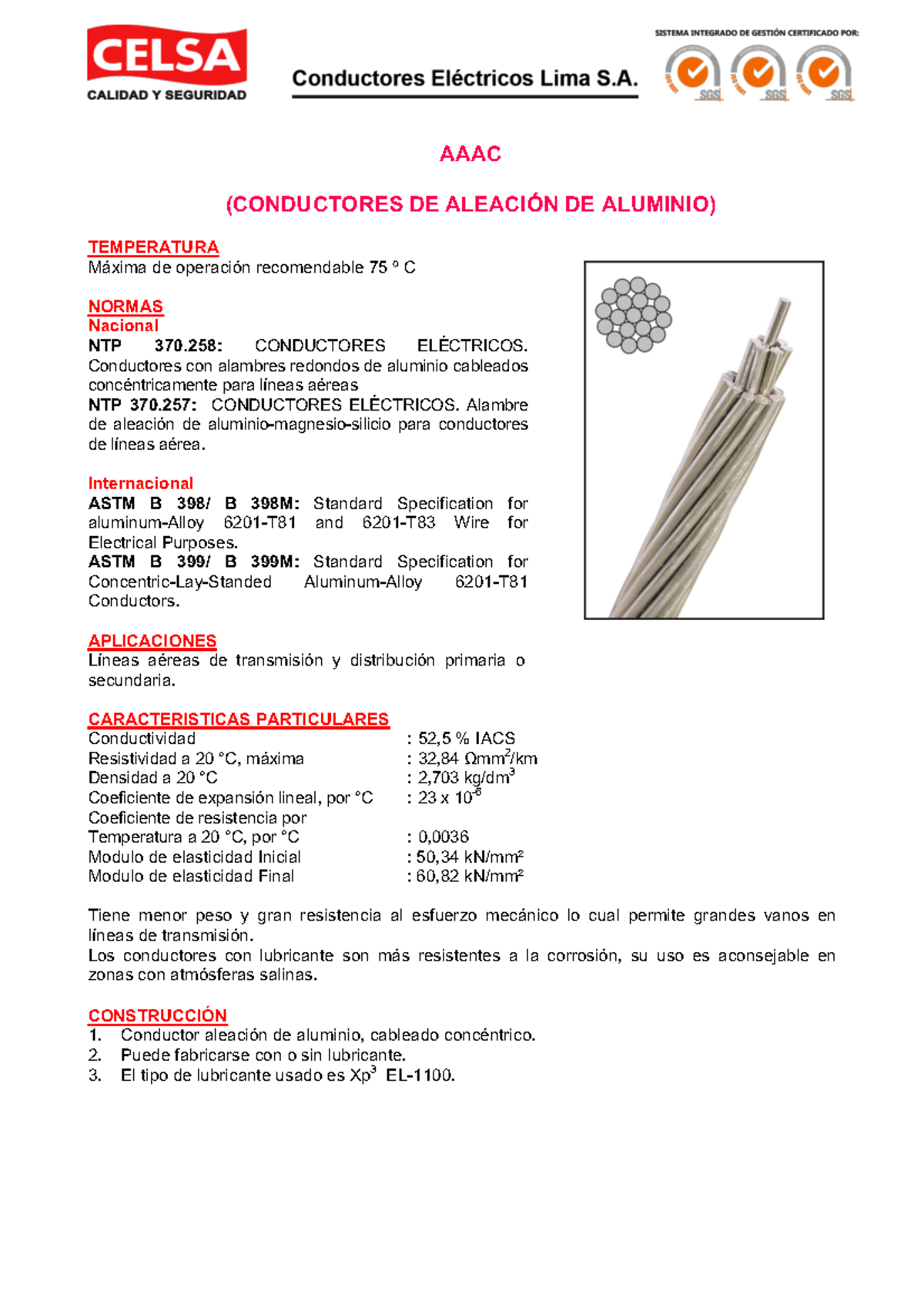 Cable AAAC - AAAC (CONDUCTORES DE ALEACIÓN DE ALUMINIO) TEMPERATURA ...