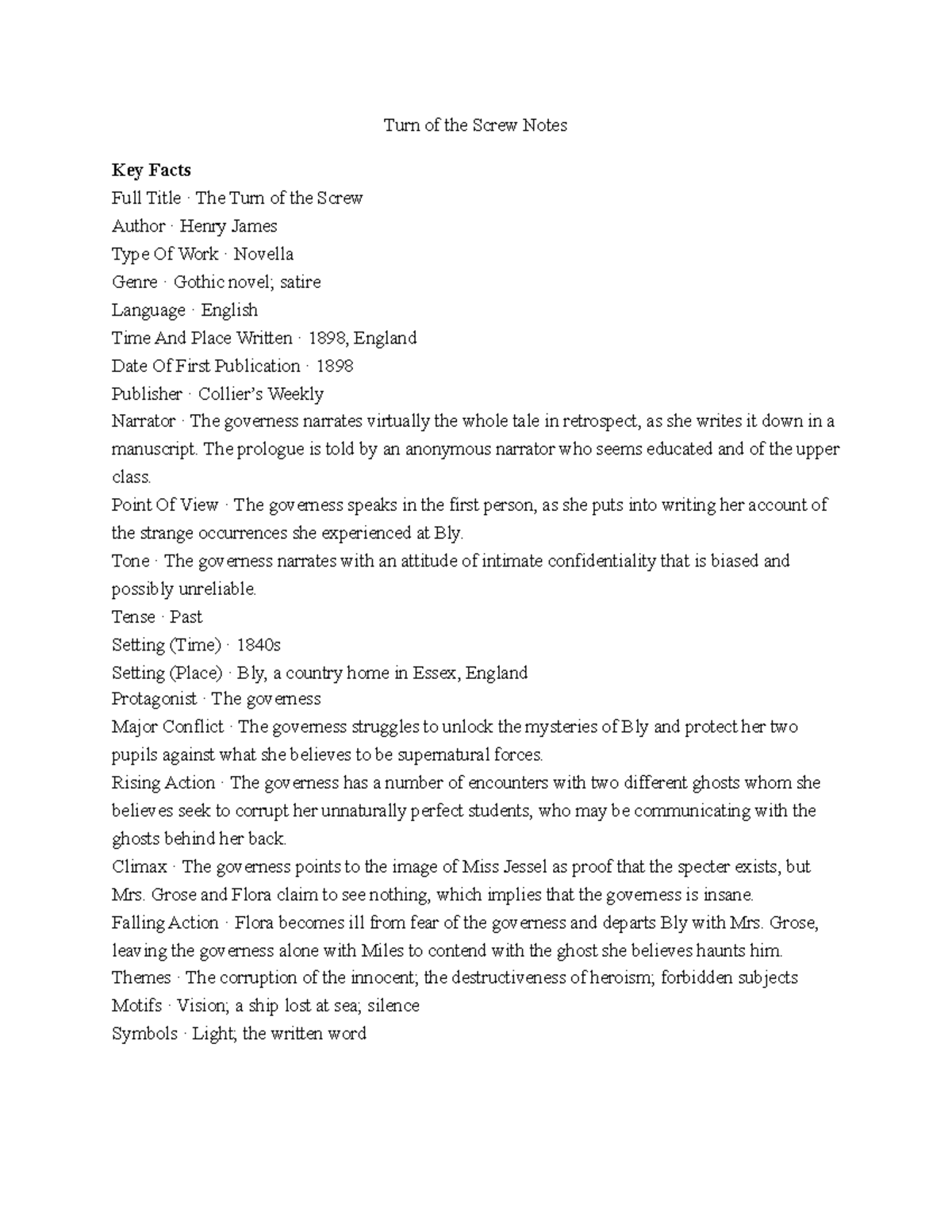 ENGL 237 - Turn of the Screw Notes - Turn of the Screw Notes Key Facts ...