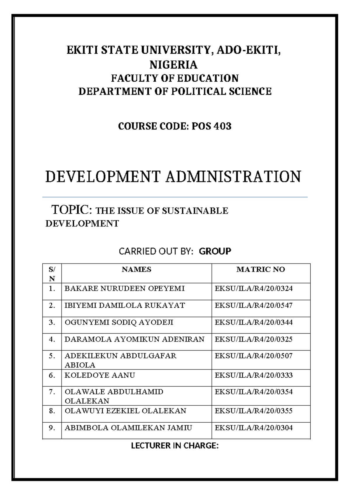 The Issue of Sustainable Development - EKITI STATE UNIVERSITY, ADO ...