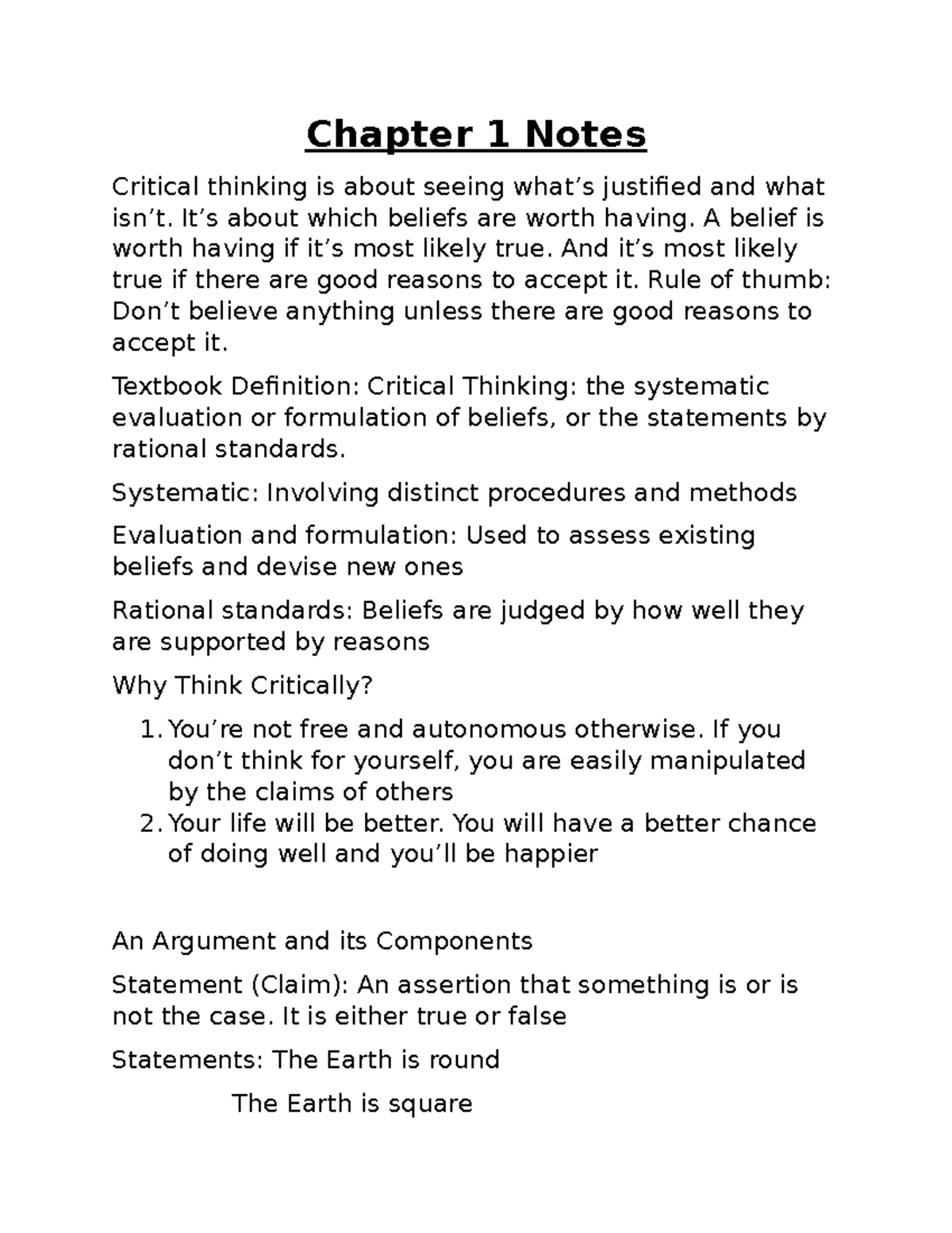 Philosophy Chapter 1 Critical Thinking - Chapter 1 Notes Critical ...