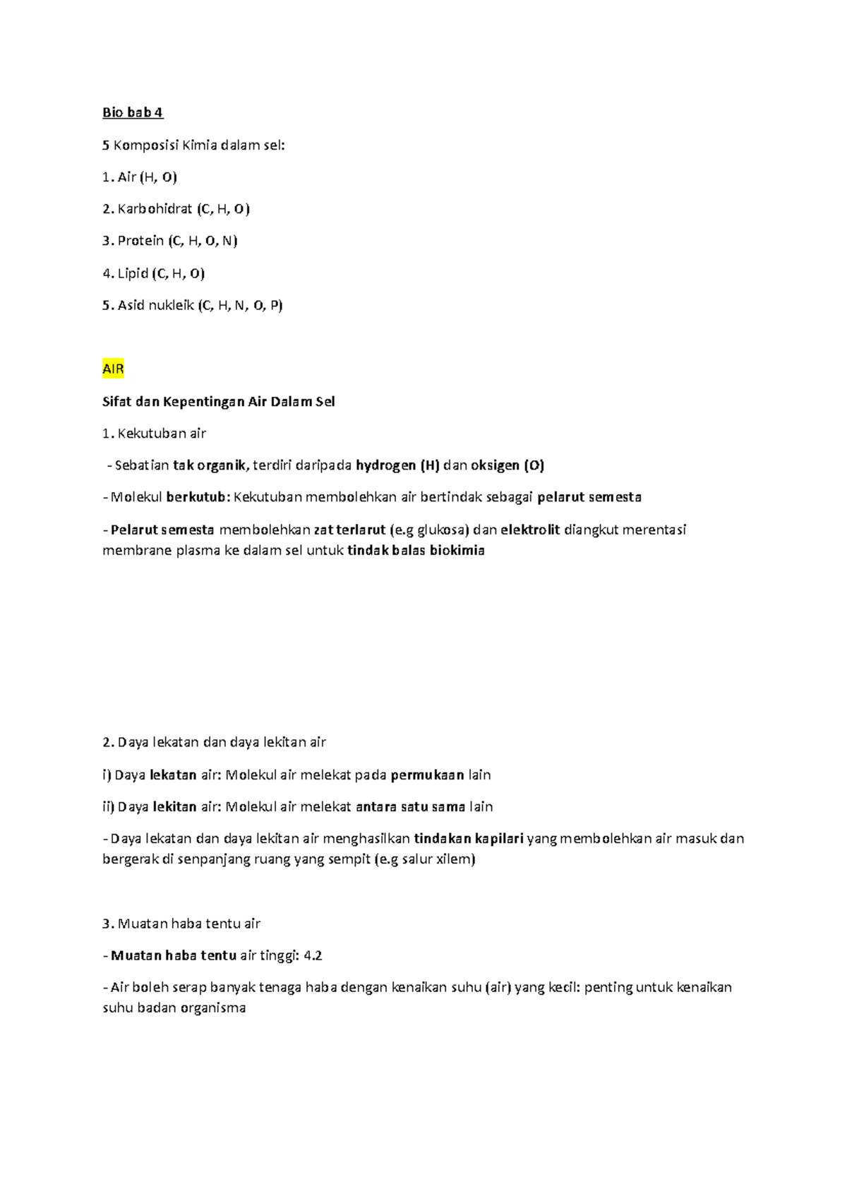 Bio bab 4 - biologyyyyyyy - Bio bab 4 5 Komposisi Kimia dalam sel: Air ...