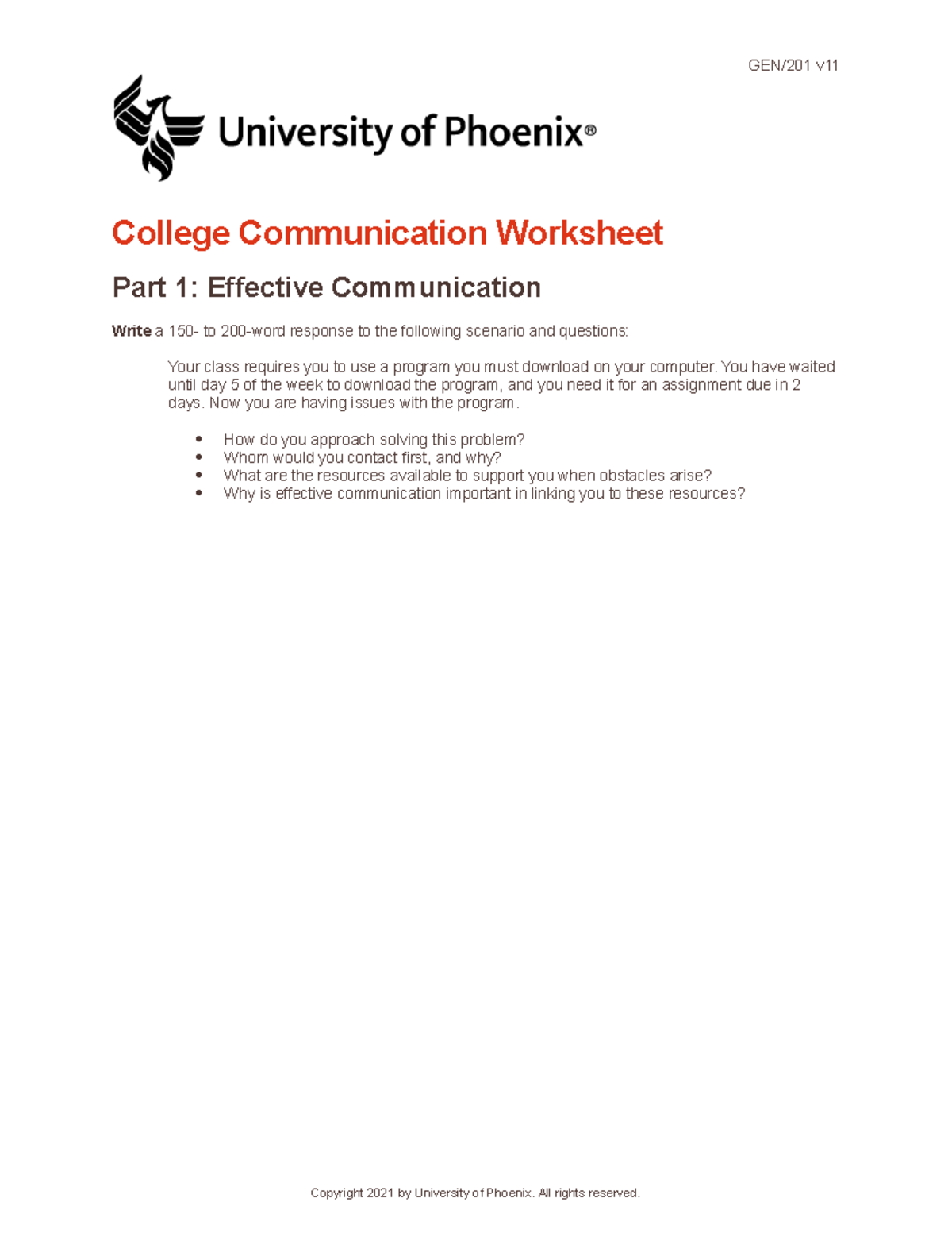 GEN/201 COLLEGE COMMUNICATION WORKSHEET - GEN/201 v College ...