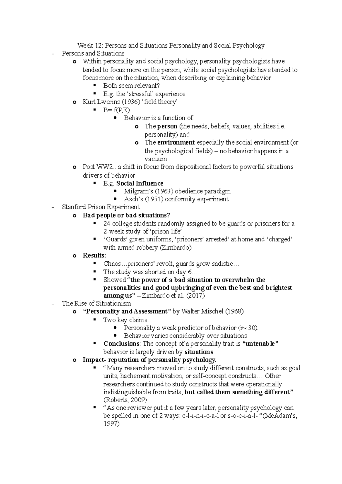 Week 12 - Lecture notes 12 - Week 12: Persons and Situations ...