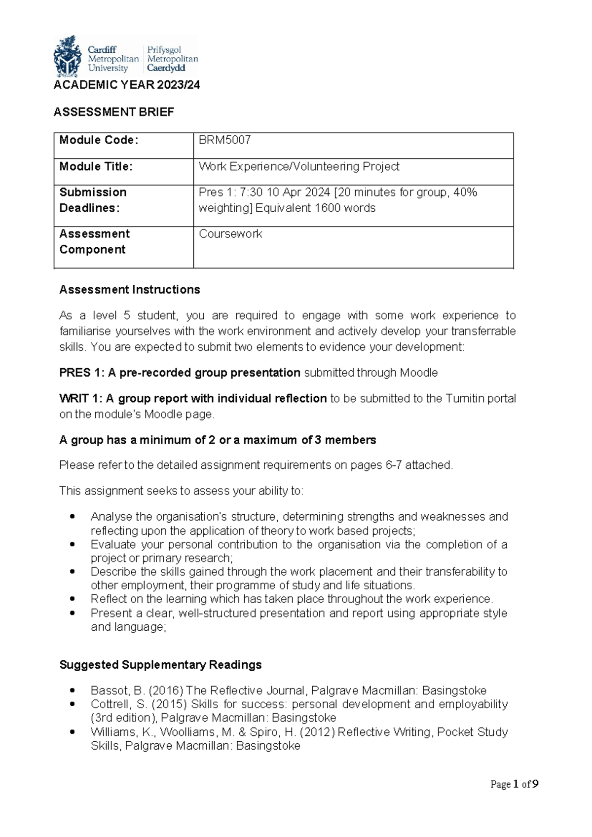 BRM5007 PRES 2024 - ACADEMIC YEAR 2023/ ASSESSMENT BRIEF Module Code ...