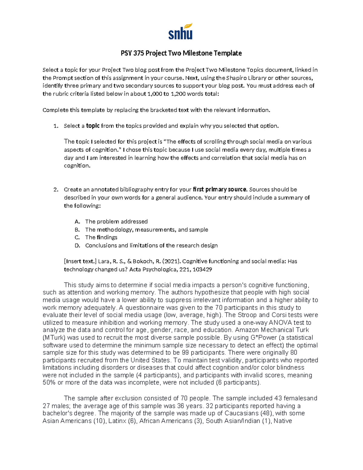 PSY 375 Project Two Milestone - Next, using the Shapiro Library or ...