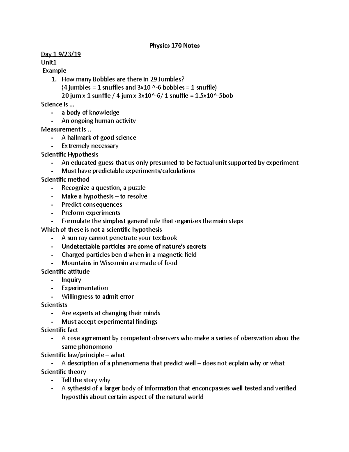 Physics 170 Notes copy - Physics 170 Notes Day 1 9/23/ Unit Example How ...