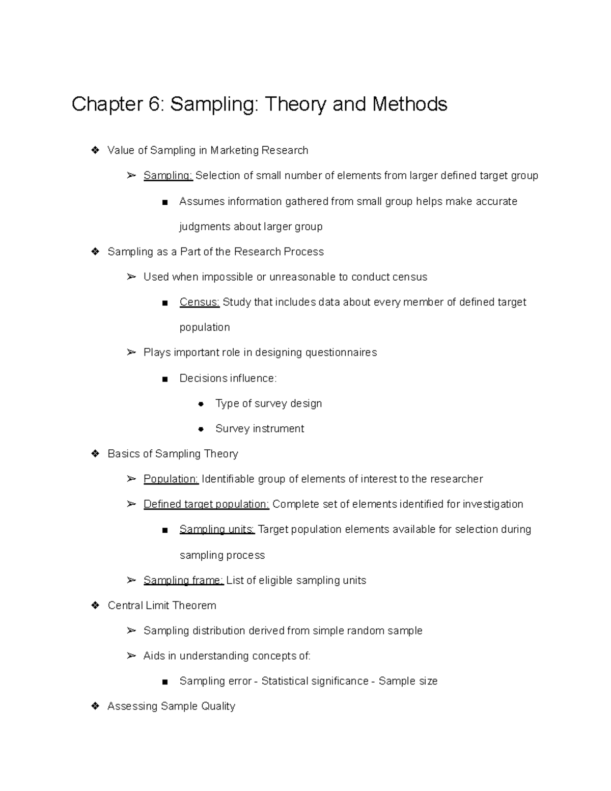MKTG330 Chapter 6 - Chapter 6: Sampling: Theory and Methods Value of Sampling in Marketing - Studocu