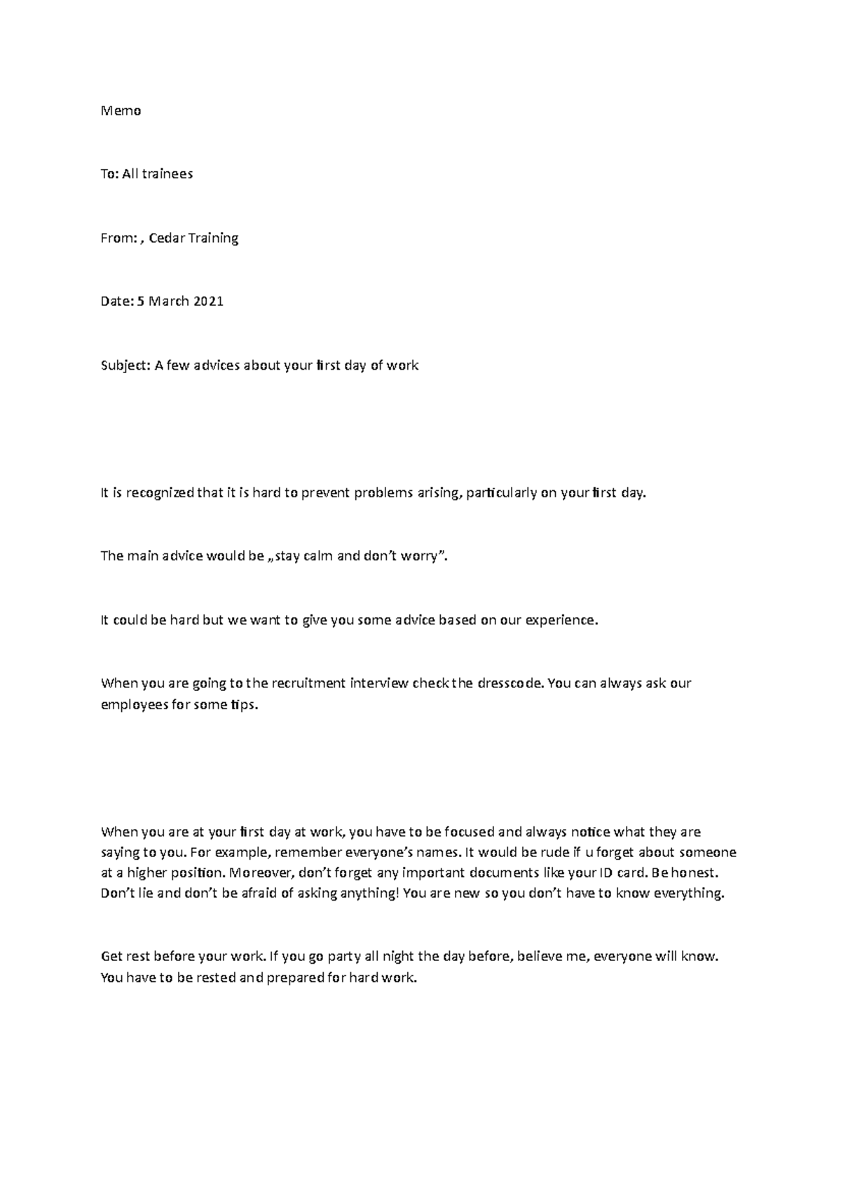 Memo - memo to do for engllish task in your class - Memo To: All ...